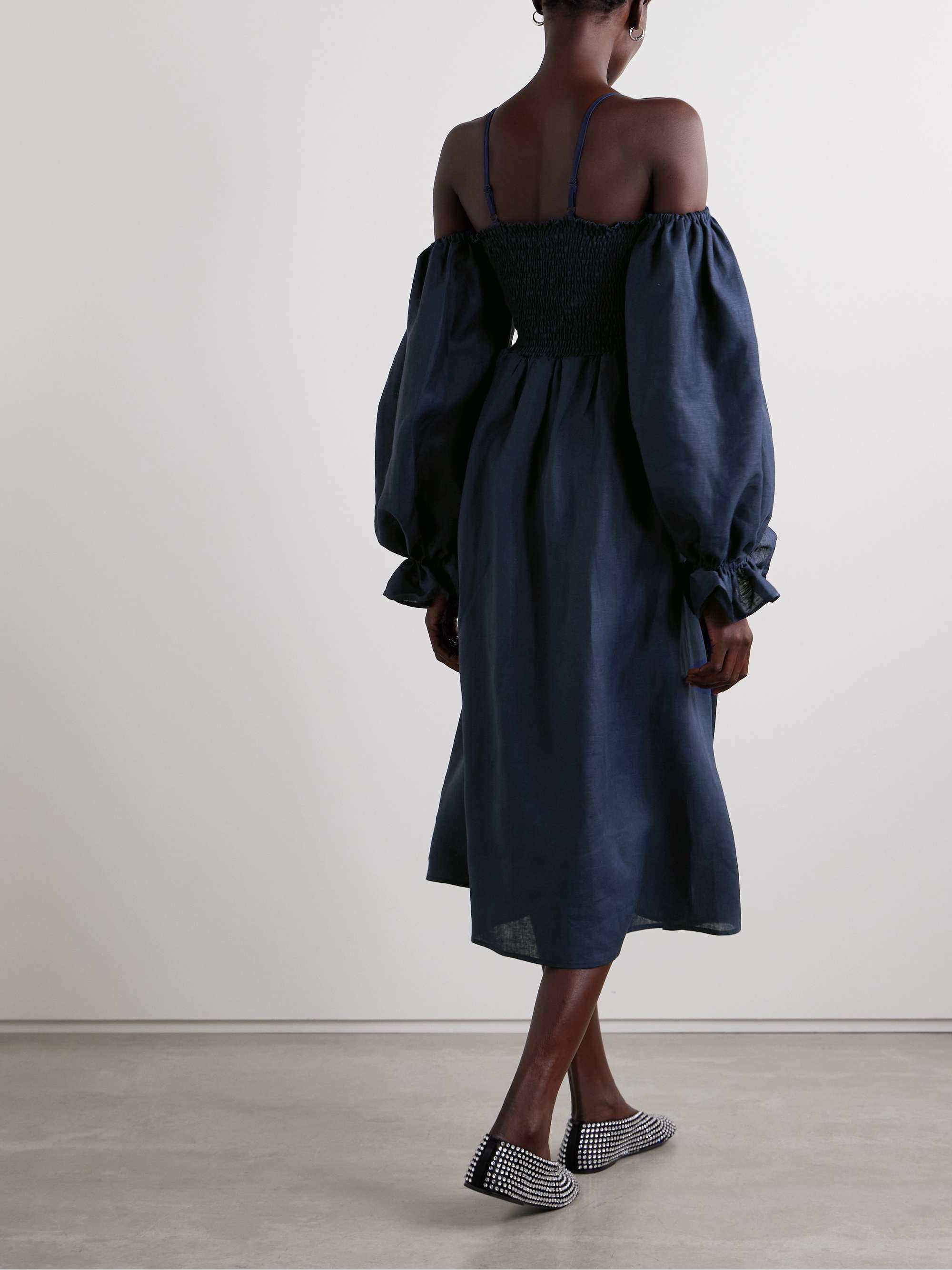 SLEEPER Cancan cold-shoulder shirred linen midi dress | NET-A-PORTER