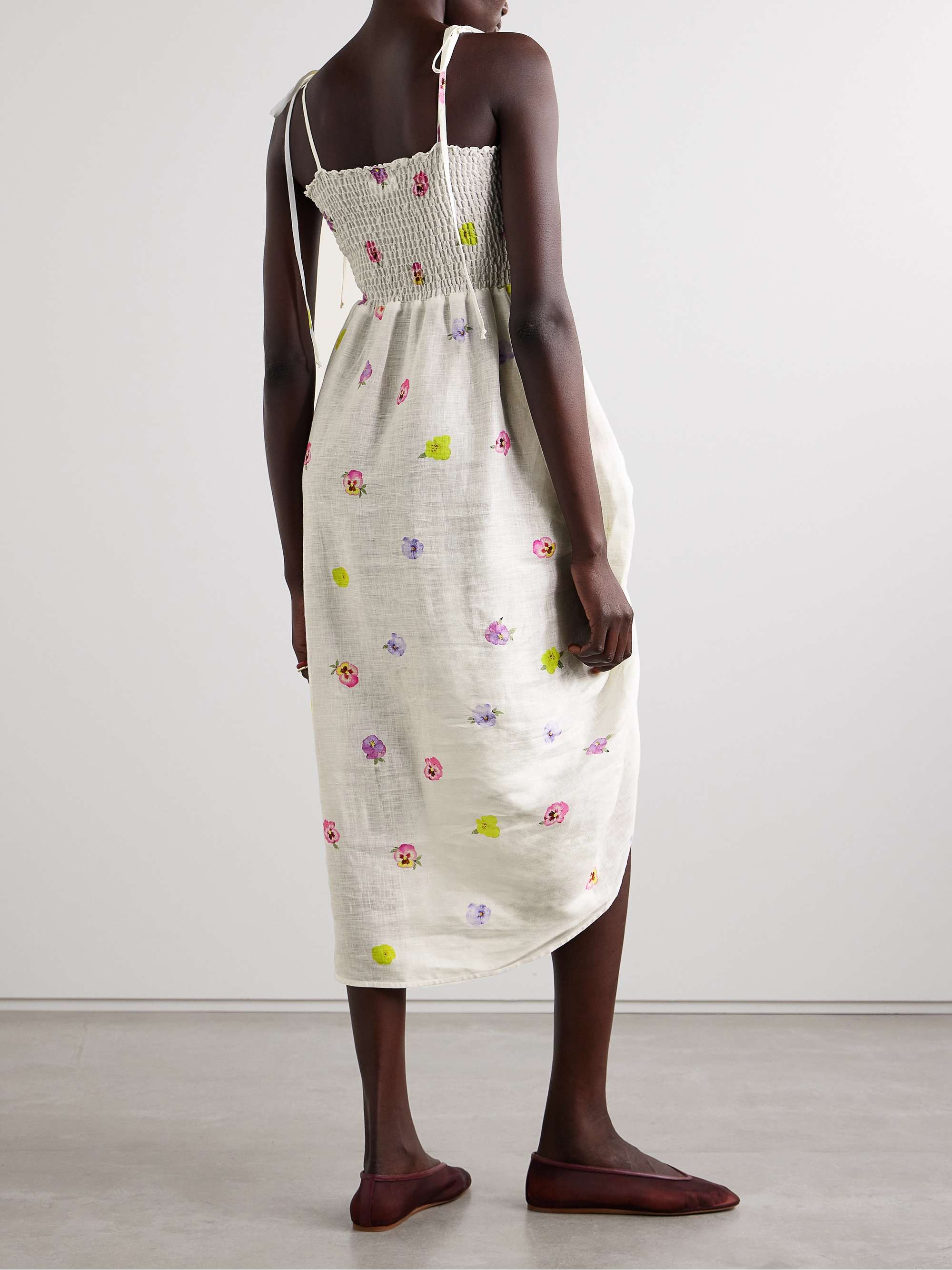 SLEEPER Atlanta asymmetric shirred appliquéd floral-print linen midi ...