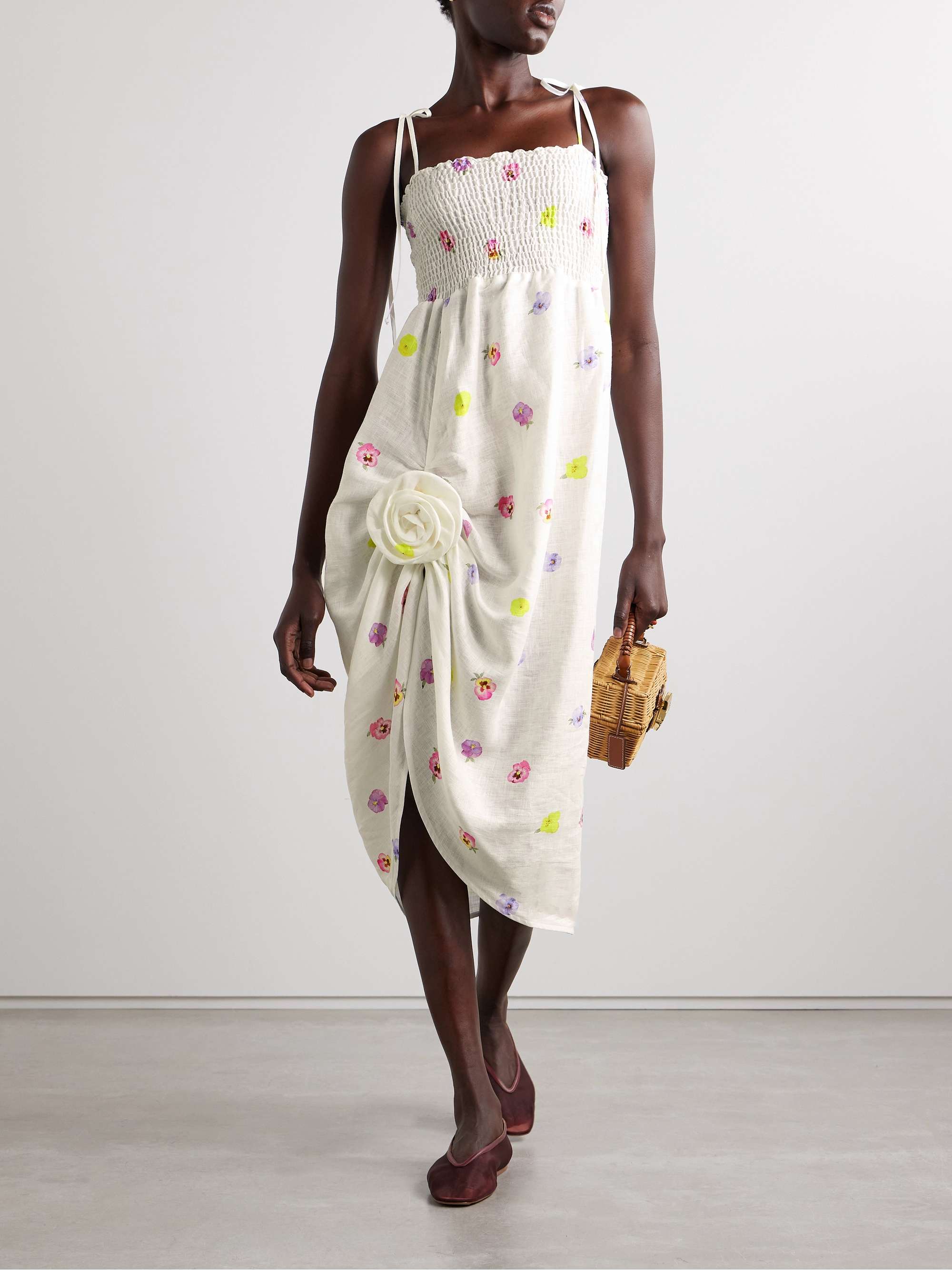 SLEEPER Atlanta asymmetric shirred appliquéd floral-print linen midi ...