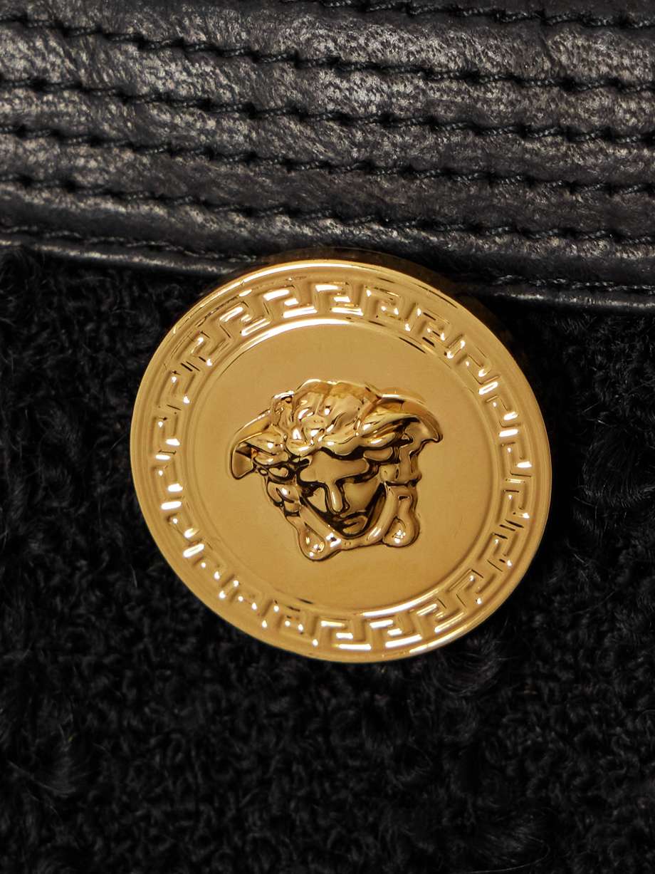 VERSACE Wrap-effect leather-trimmed checked wool-blend bouclé-tweed ...