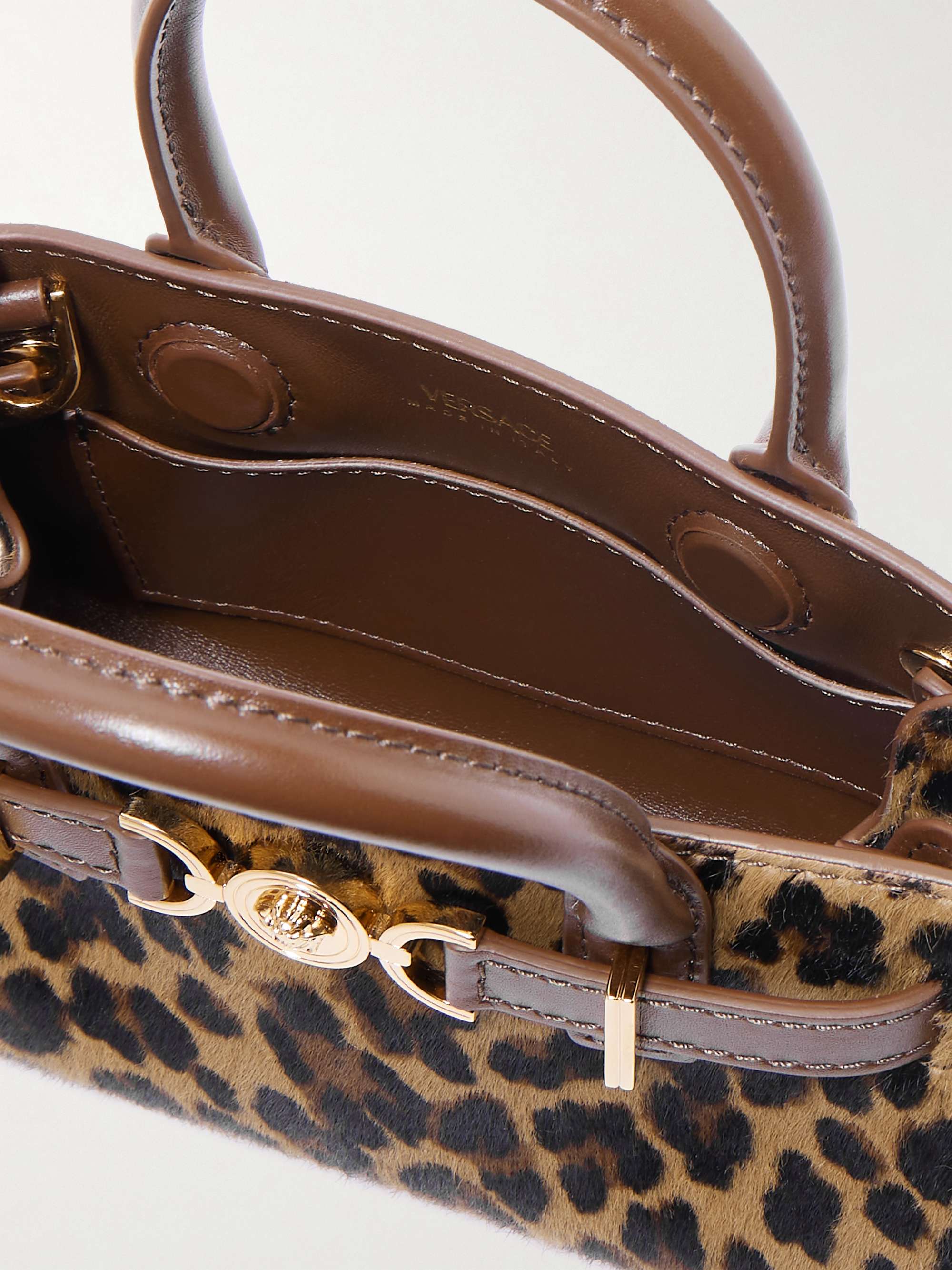 VERSACE Embellished mini leather-trimmed leopard-print pony hair tote ...