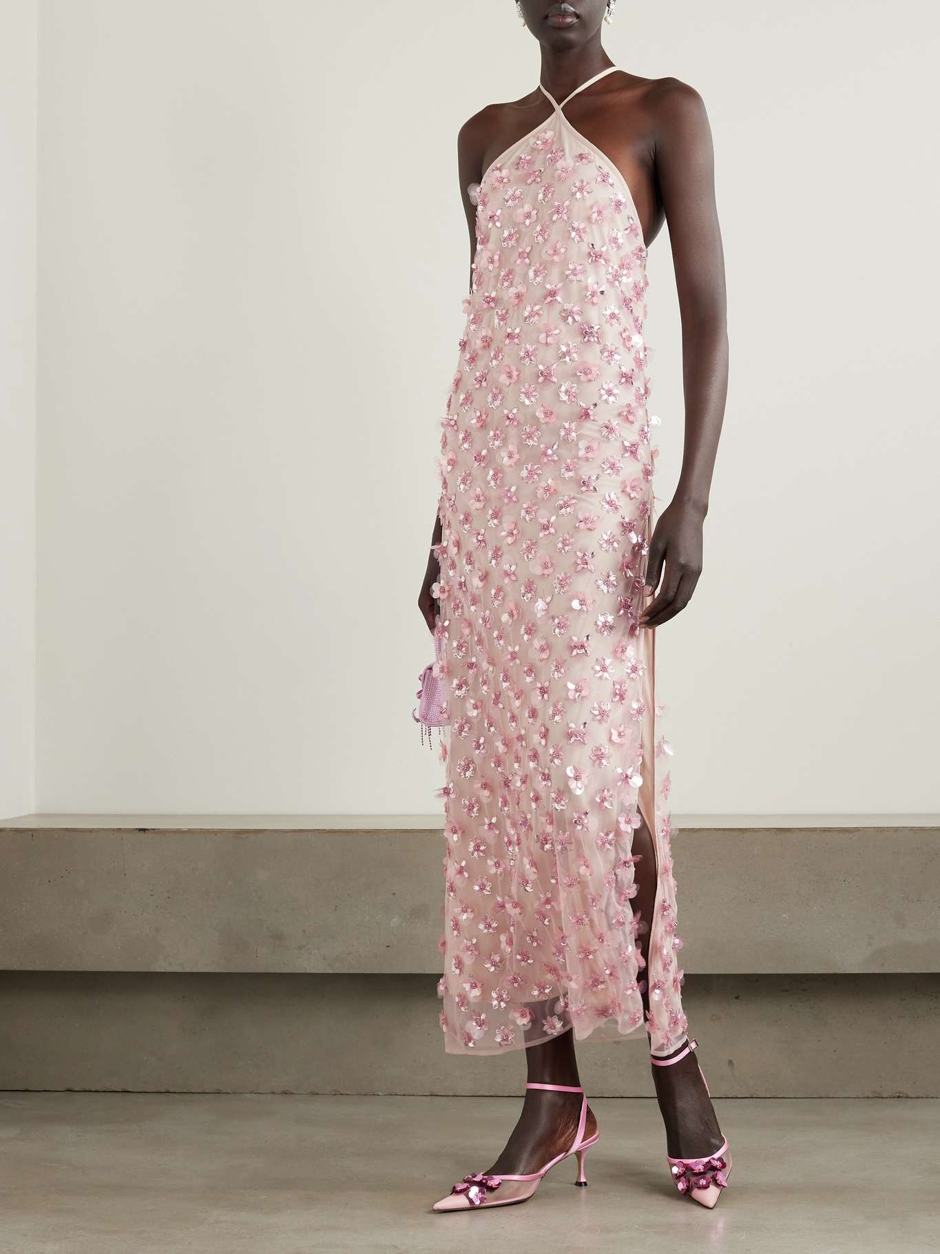 DES PHEMMES Embellished tulle halterneck midi dress | NET-A-PORTER