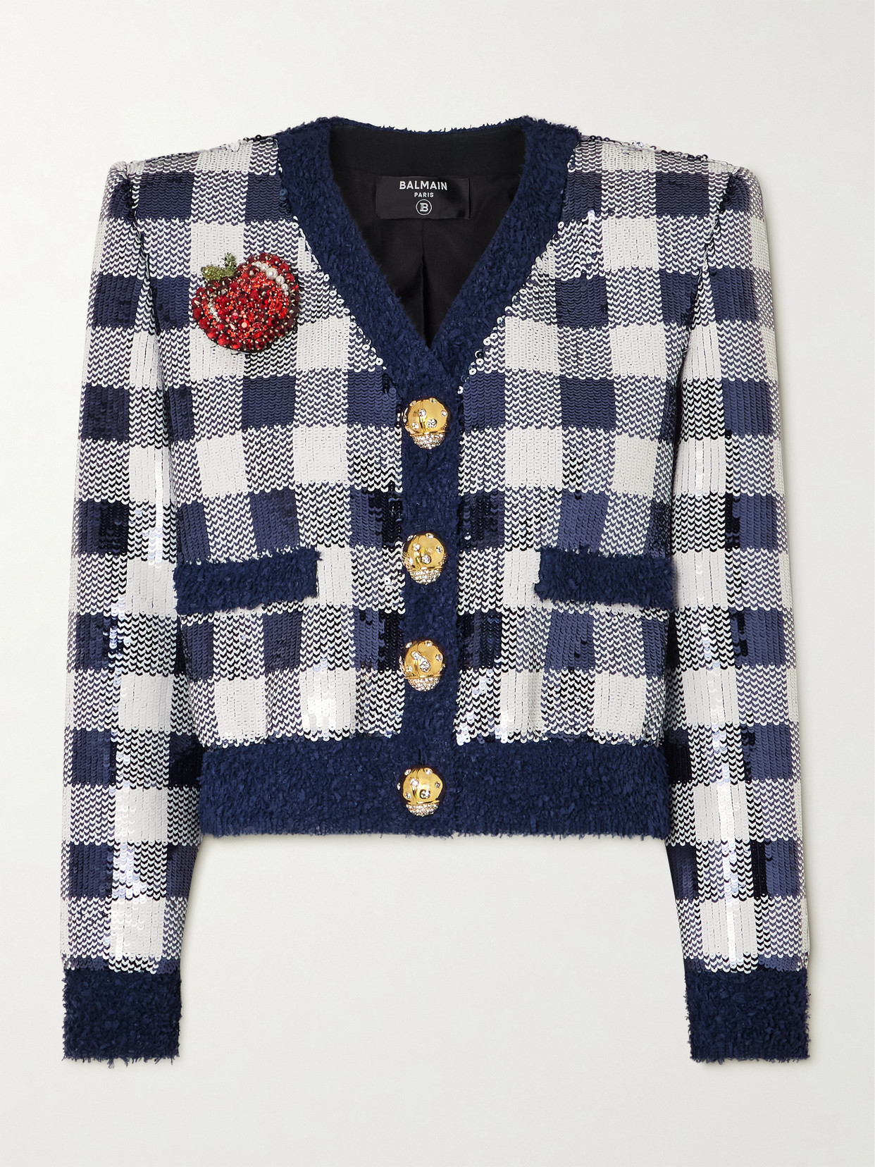 Balmain Cropped Embellished Checked Tweed Jacket In Blue | ModeSens