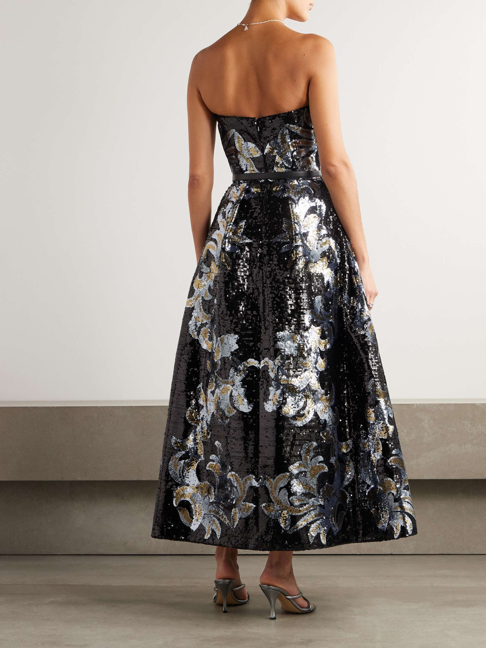 ELIE SAAB Belted strapless sequined jersey midi dress | NET-A-PORTER