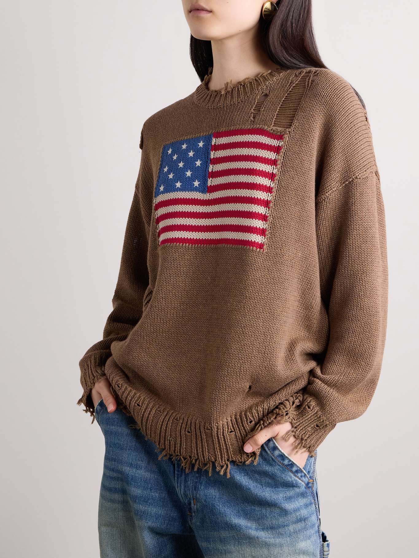 DENIMIST American Flag distressed embroidered intarsia-knit cotton ...