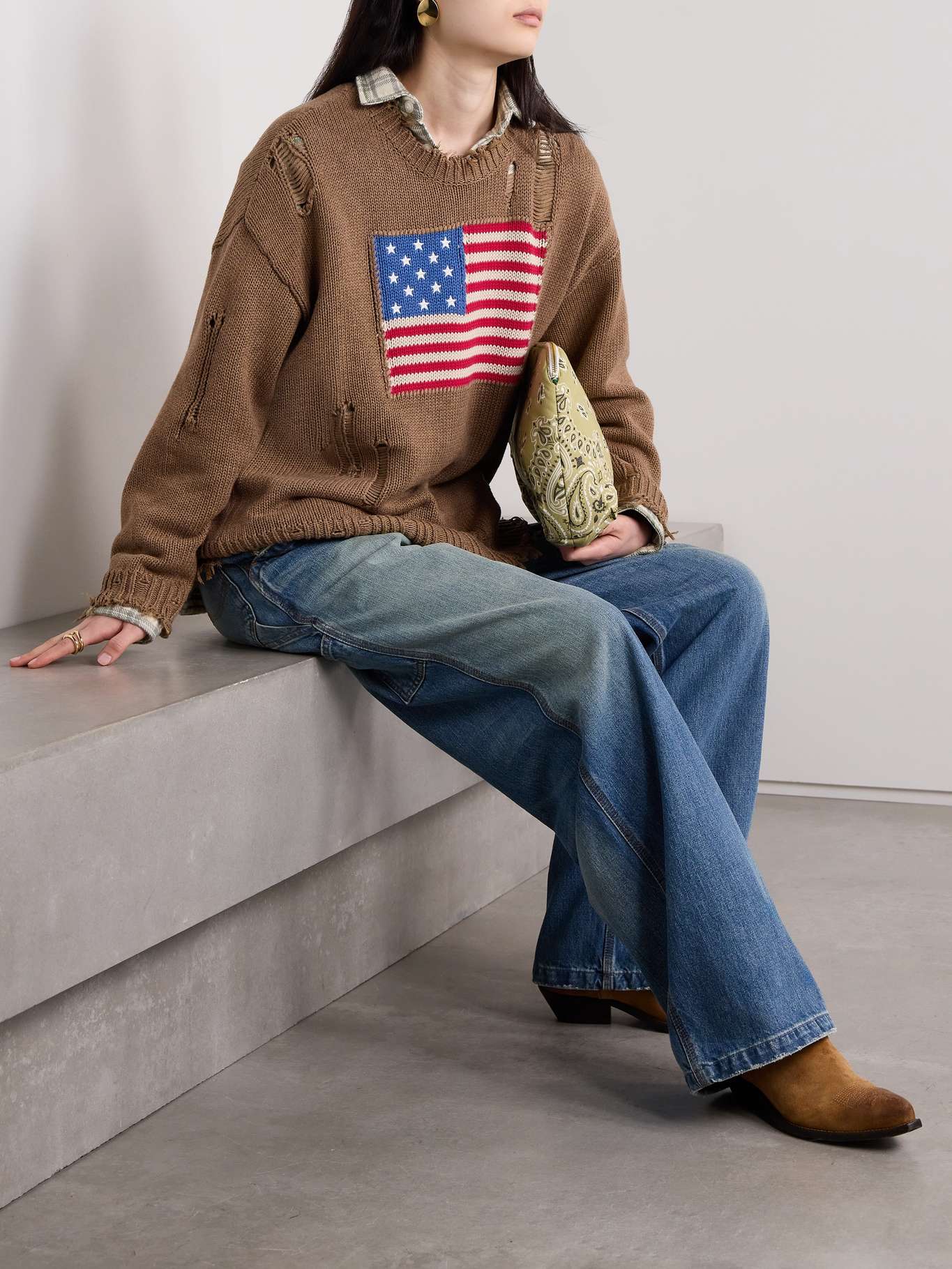 DENIMIST American Flag distressed embroidered intarsia-knit cotton ...