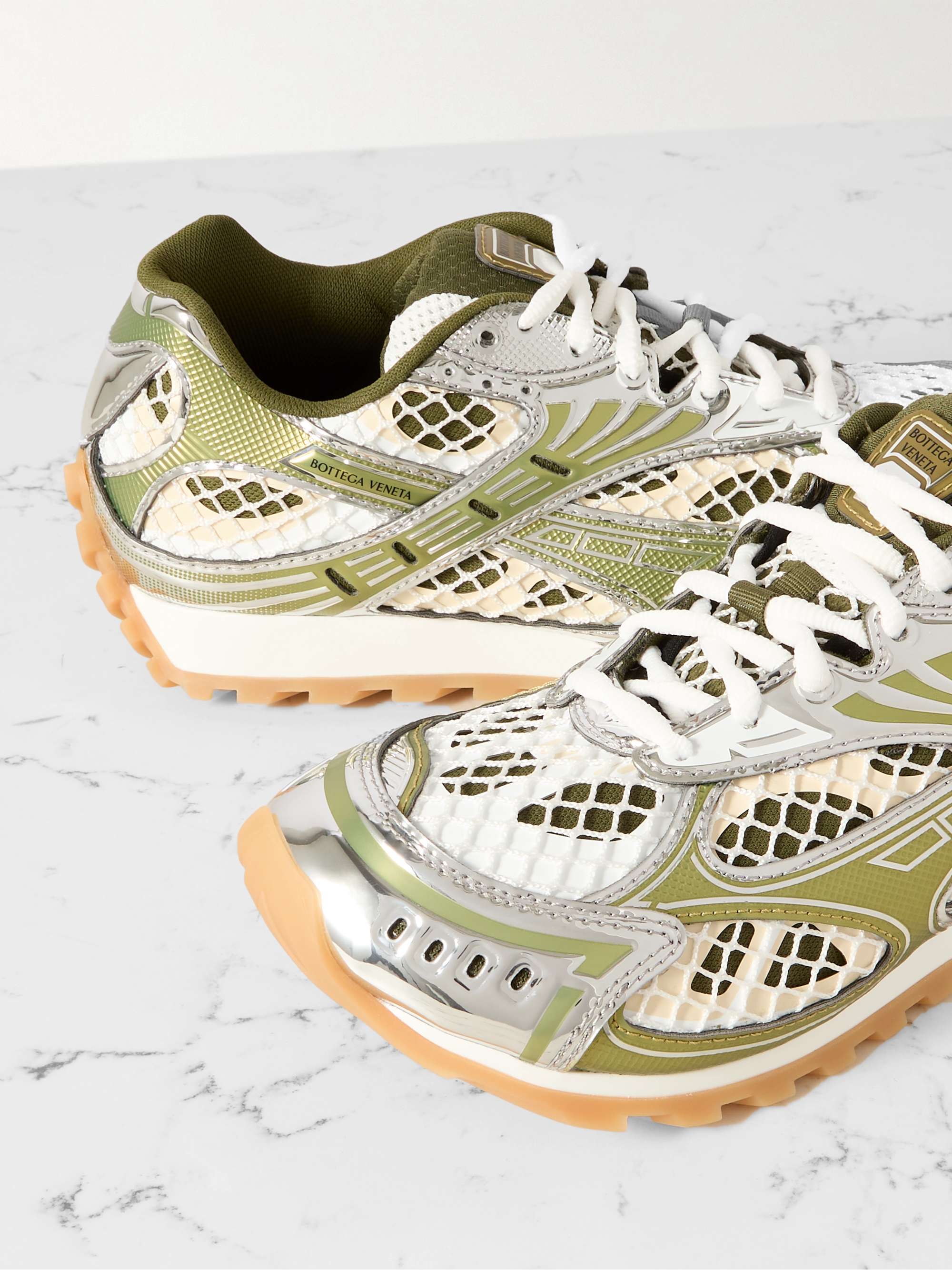 BOTTEGA VENETA Orbit metallic rubber, mesh and fishnet sneakers | NET-A ...