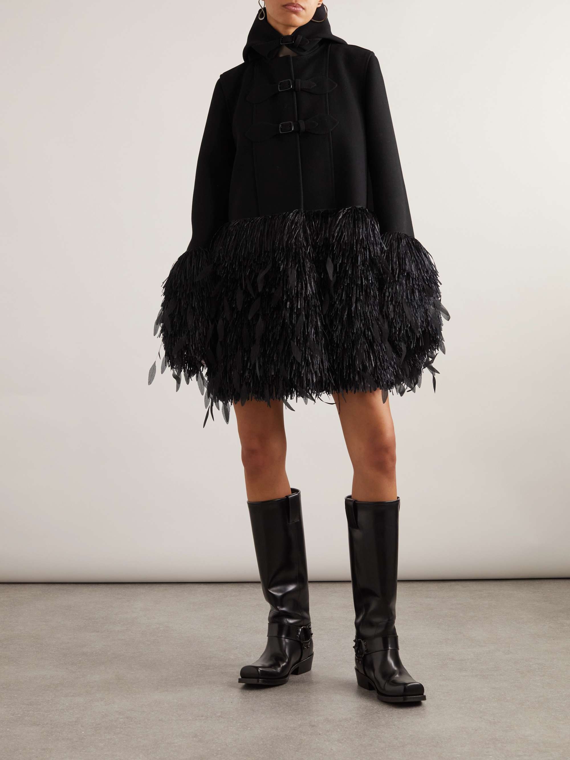 VALENTINO GARAVANI Hooded appliquéd raffia-trimmed wool jacket | NET-A-PORTER