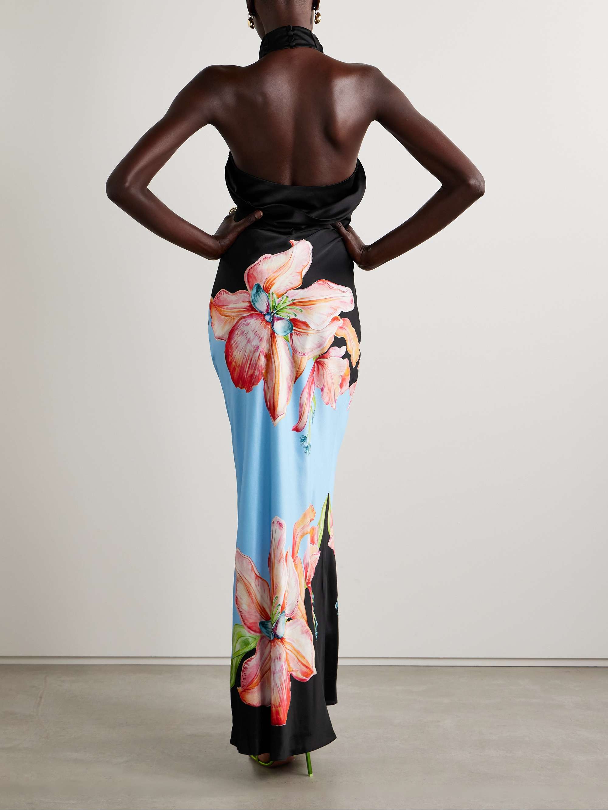 REBECCA VALLANCE Orchid Oasis draped floral-print silk-satin halterneck ...