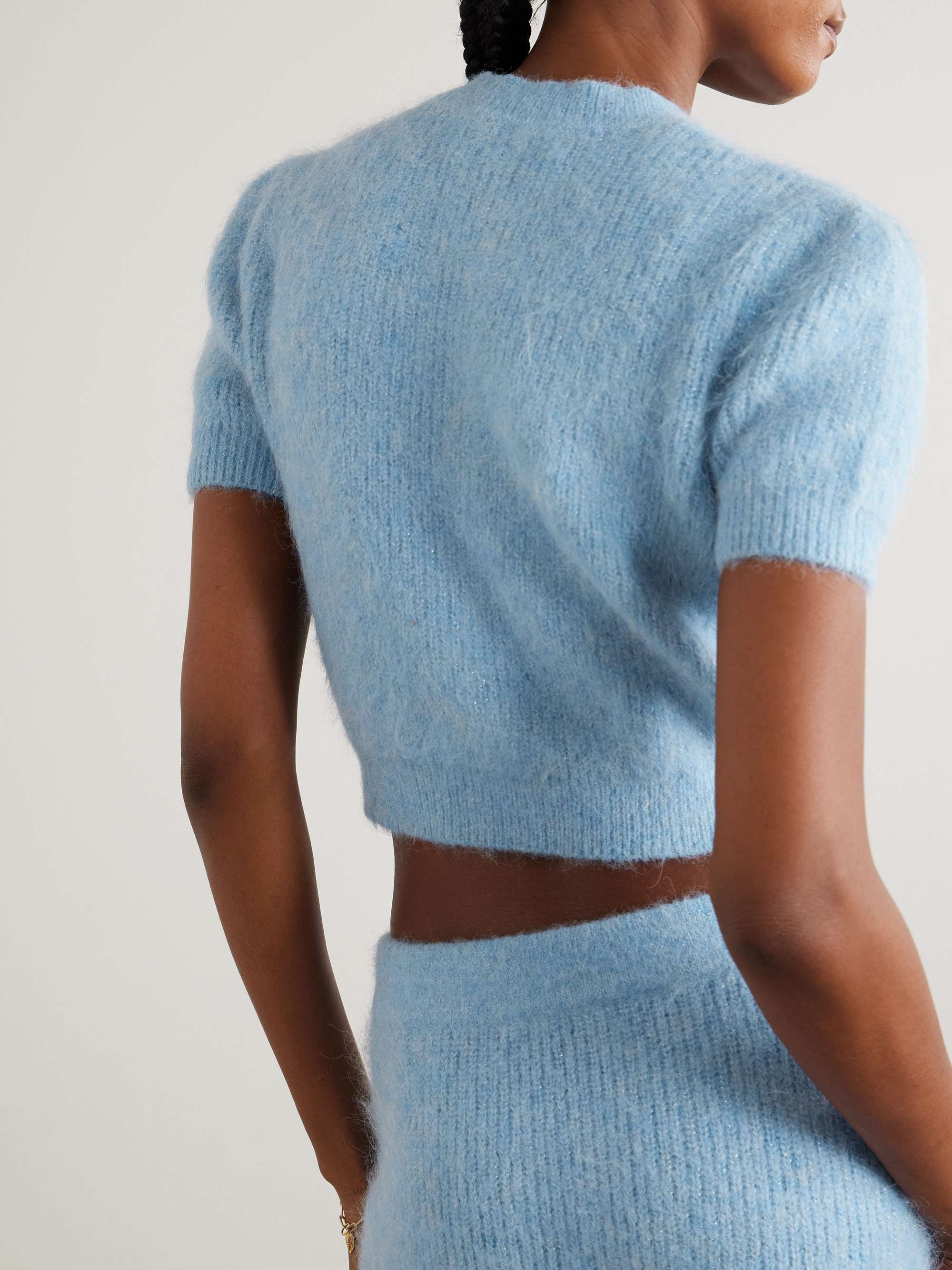 SELF-PORTRAIT Cropped embellished metallic brushed ribbed-knit cardigan ...