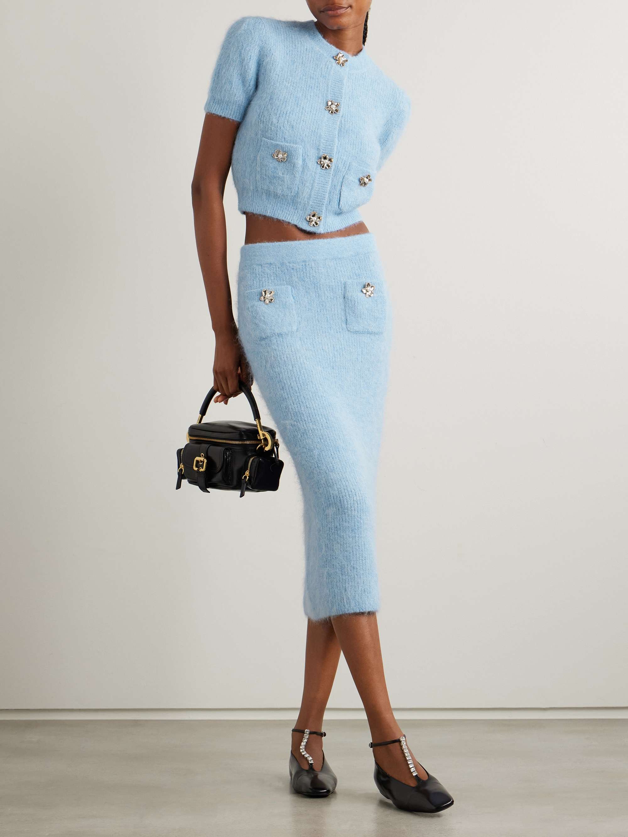 SELF-PORTRAIT Cropped embellished metallic brushed ribbed-knit cardigan ...