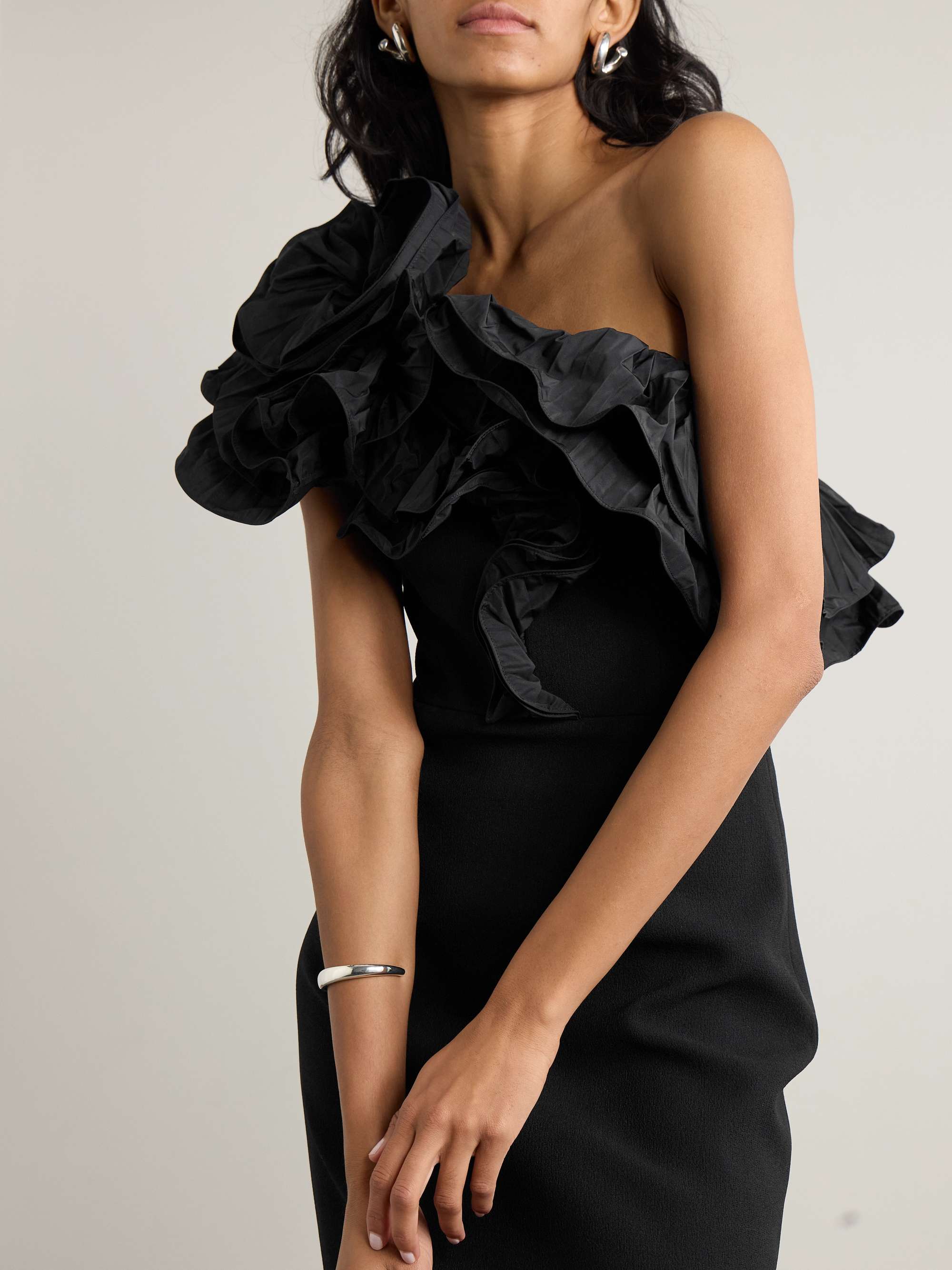 REBECCA VALLANCE Ella appliquéd ruffled one-shoulder crepe gown | NET-A-PORTER