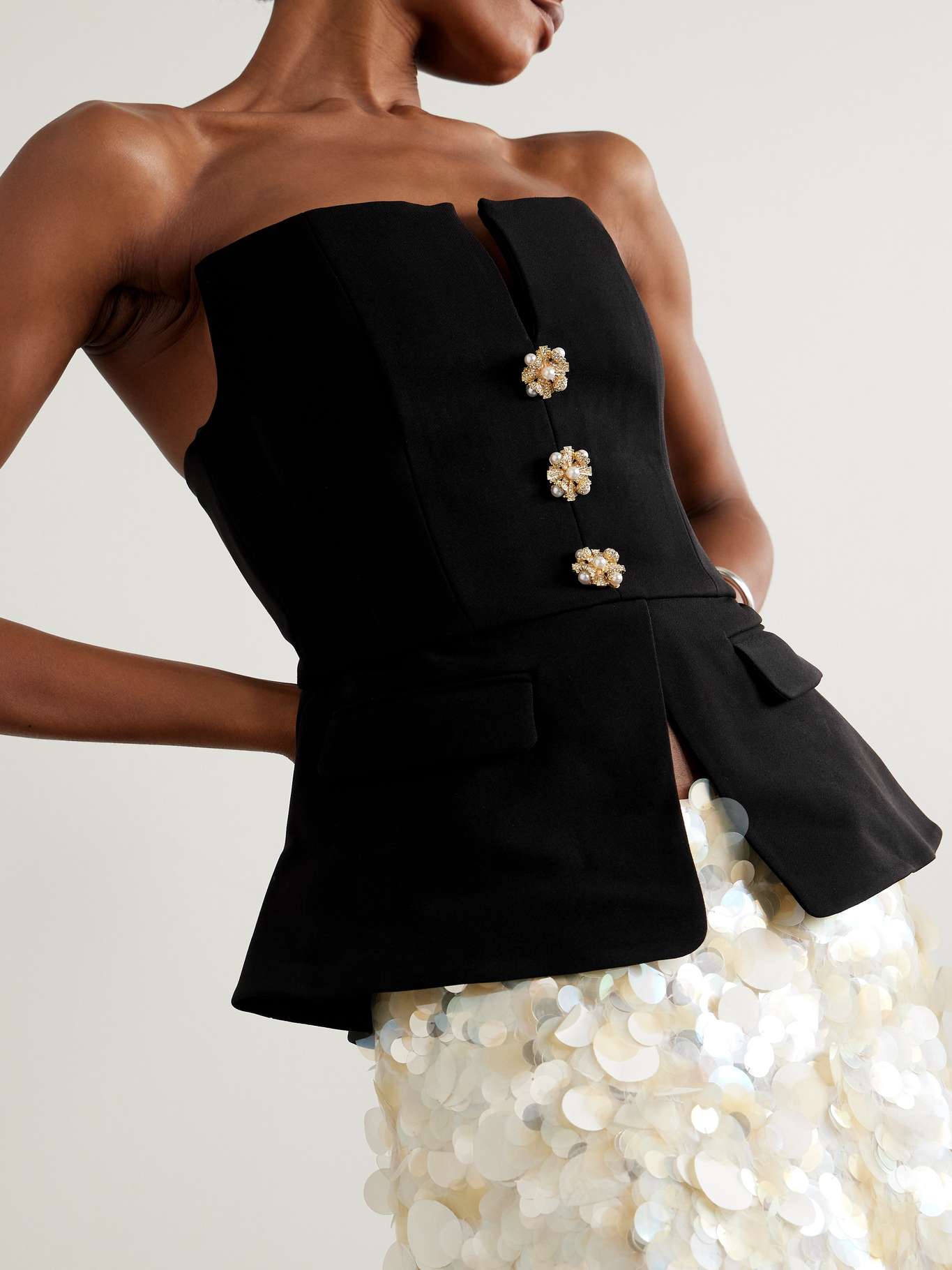 SELF-PORTRAIT Strapless embellished crepe peplum bustier top | NET-A-PORTER