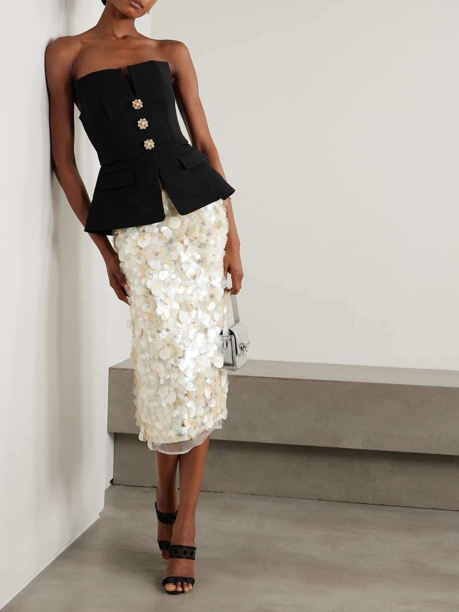 SELF-PORTRAIT Strapless embellished crepe peplum bustier top | NET-A-PORTER