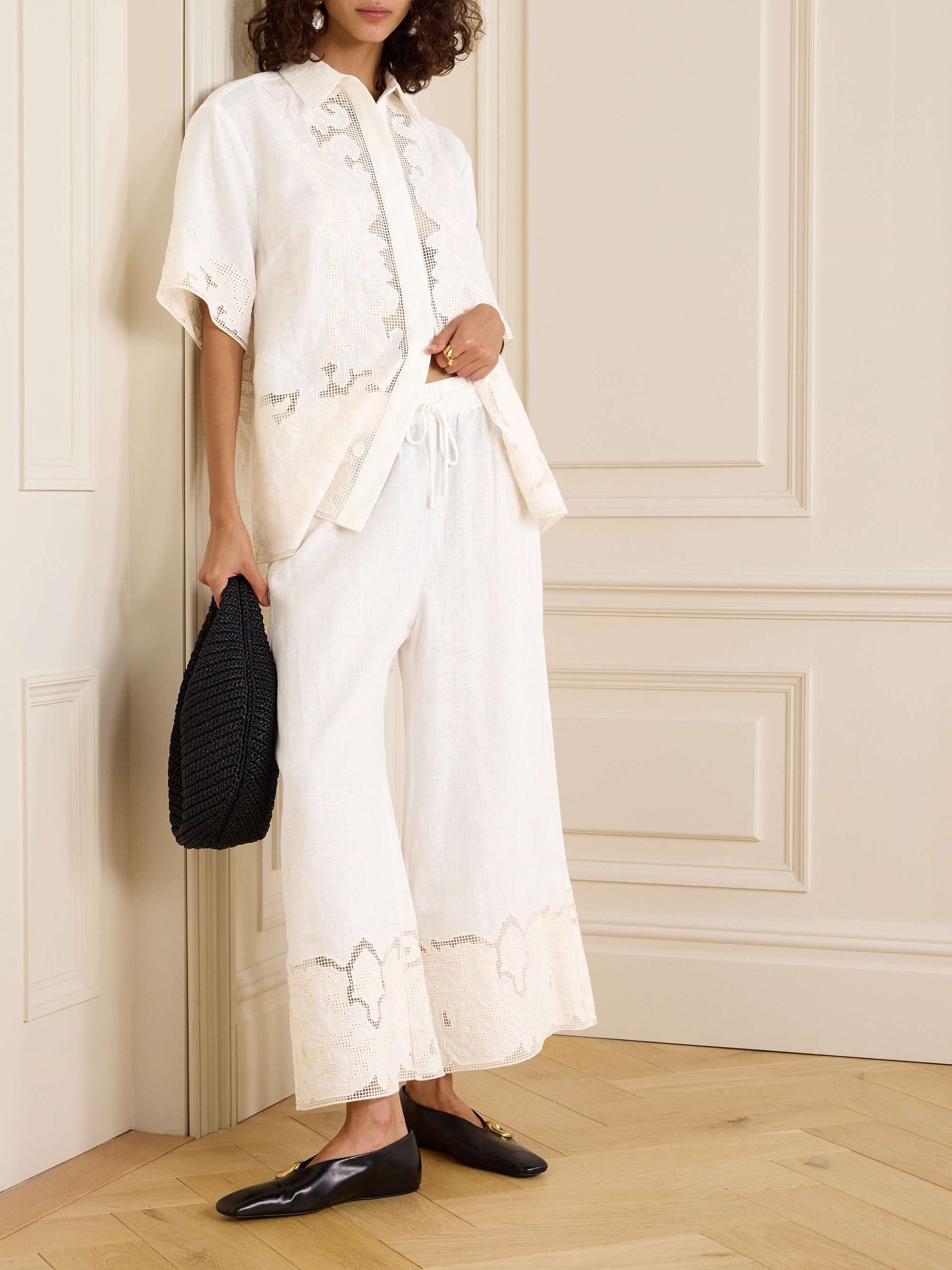Ivory Pegasus cropped embroidered linen wide-leg pants | ALÉMAIS | NET ...