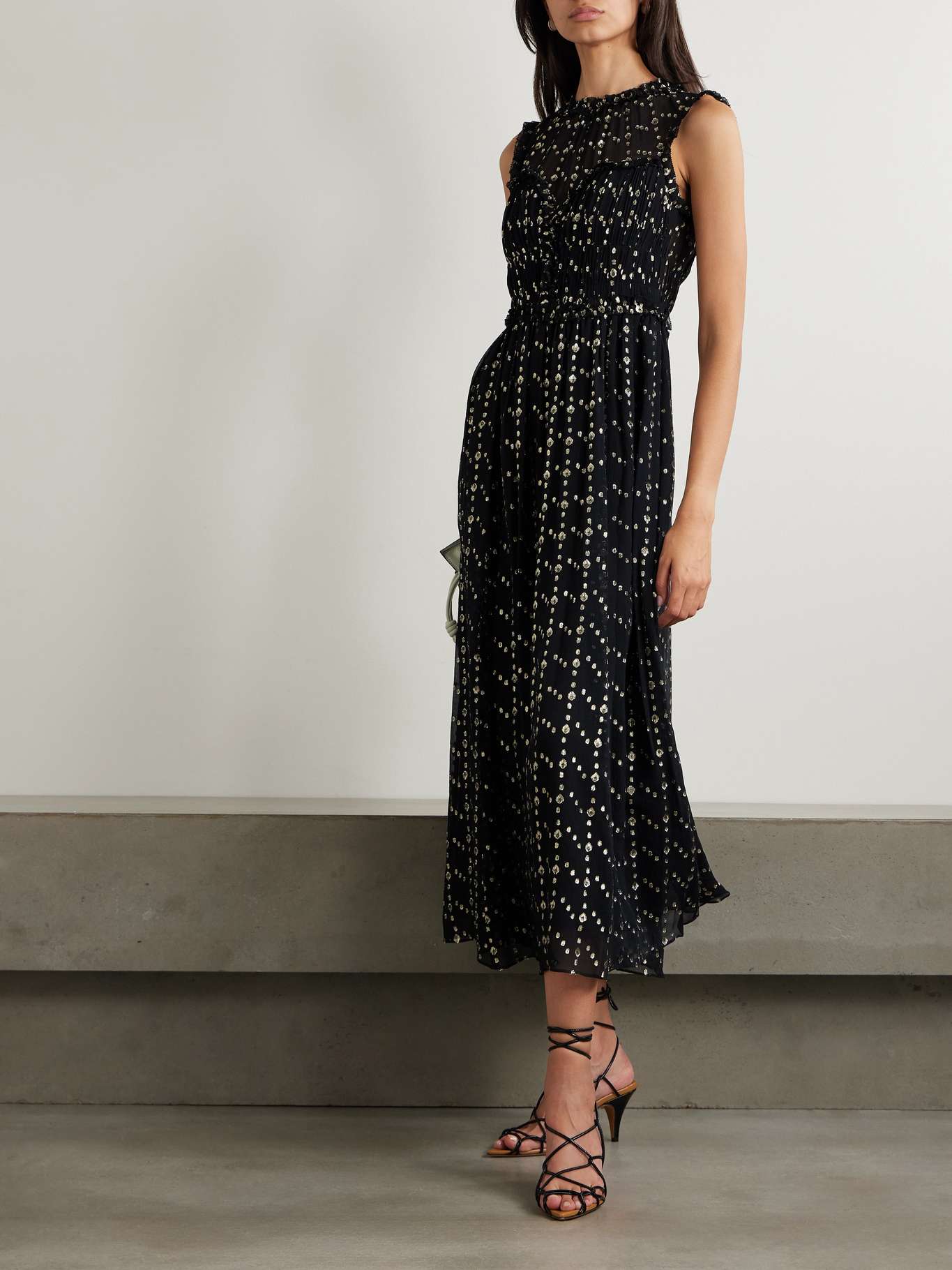 Black Kasia ruffled crinkled metallic fil coupé silk-blend midi dress ...