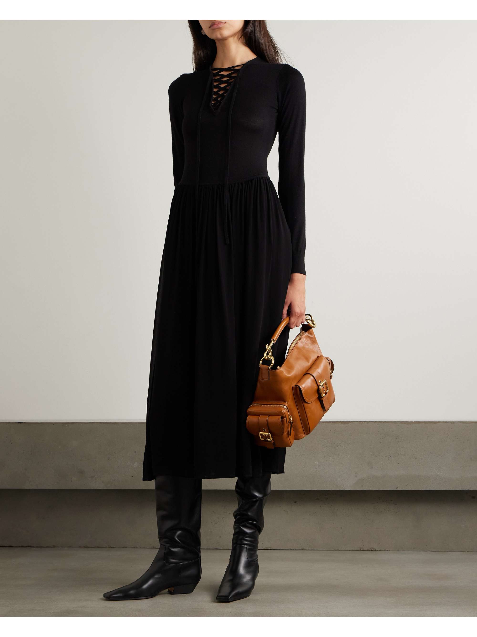 ULLA JOHNSON Colette pleated lace-up wool and silk-blend and chiffon midi dress | NET-A-PORTER