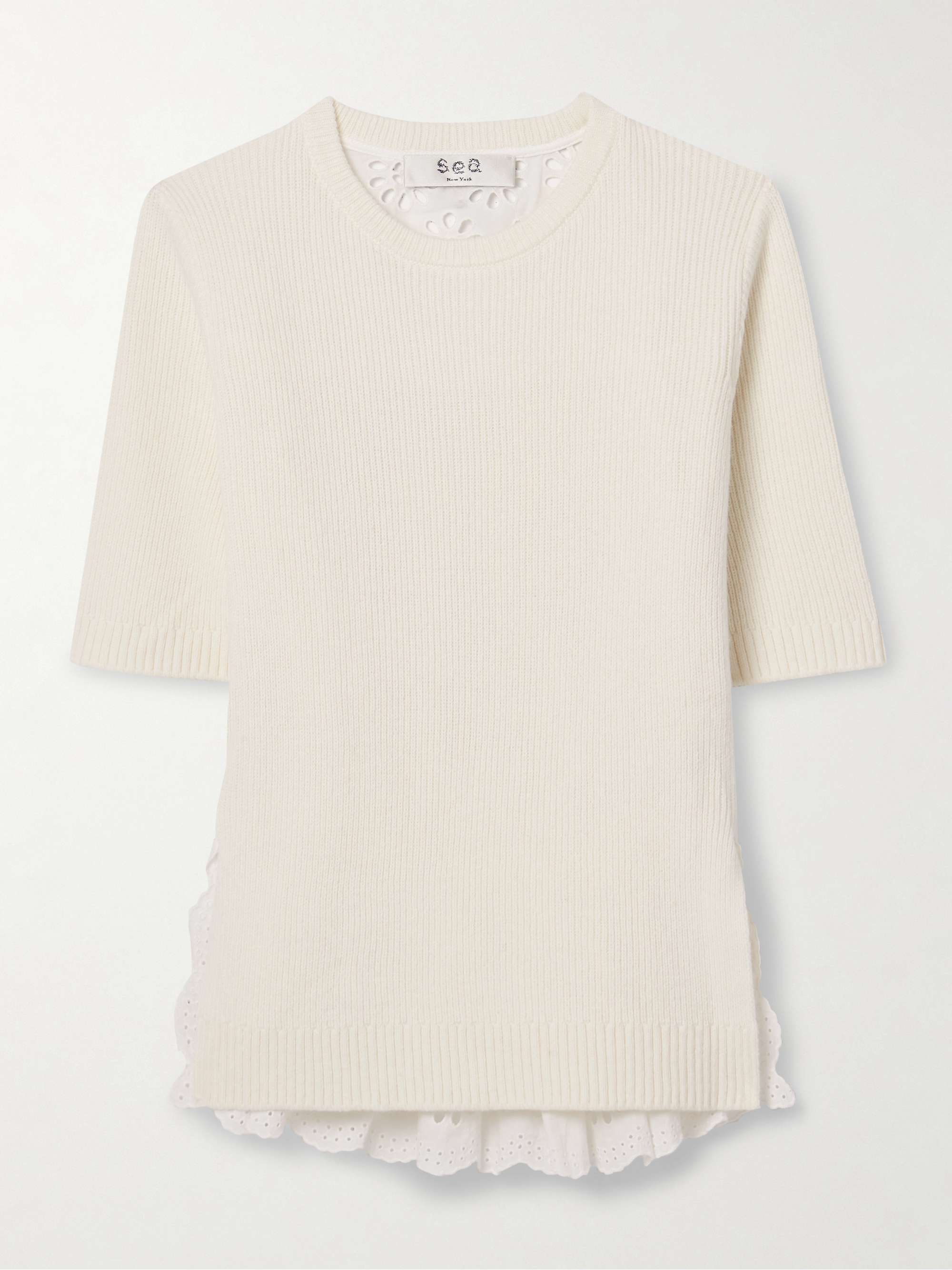 SEA Lennon ribbed merino wool-blend and broderie anglaise cotton top ...