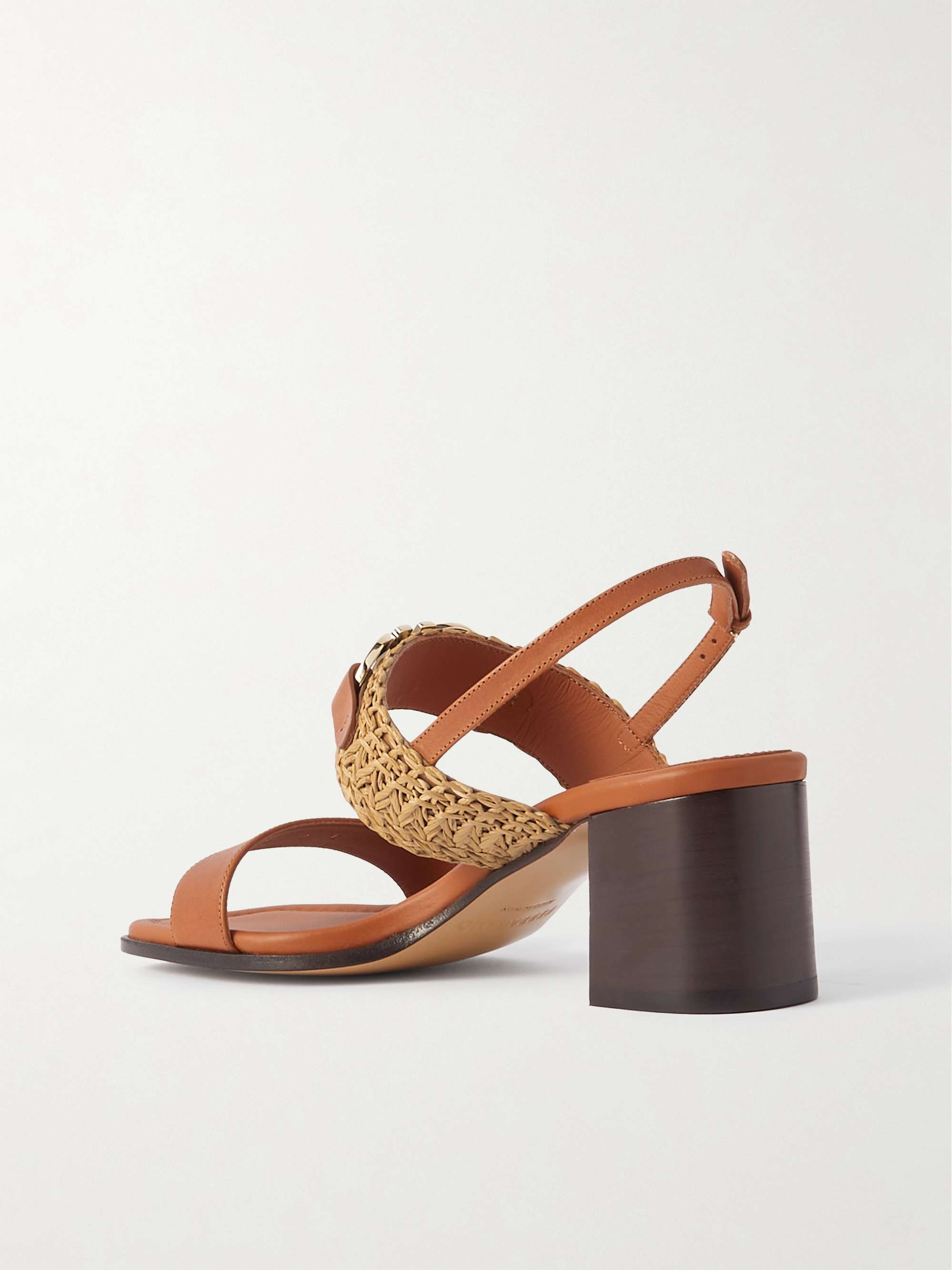FERRAGAMO Lou raffia-trimmed embellished leather slingback sandals ...