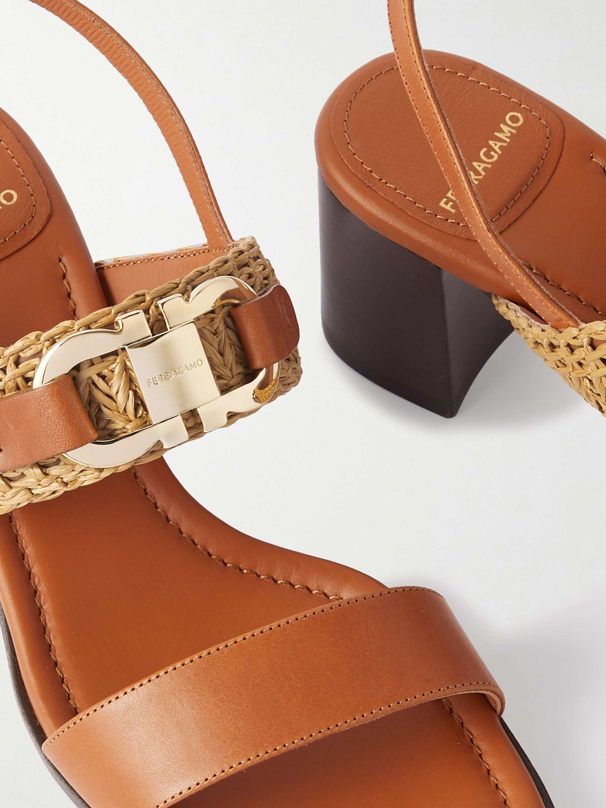 FERRAGAMO Lou raffia-trimmed embellished leather slingback sandals ...