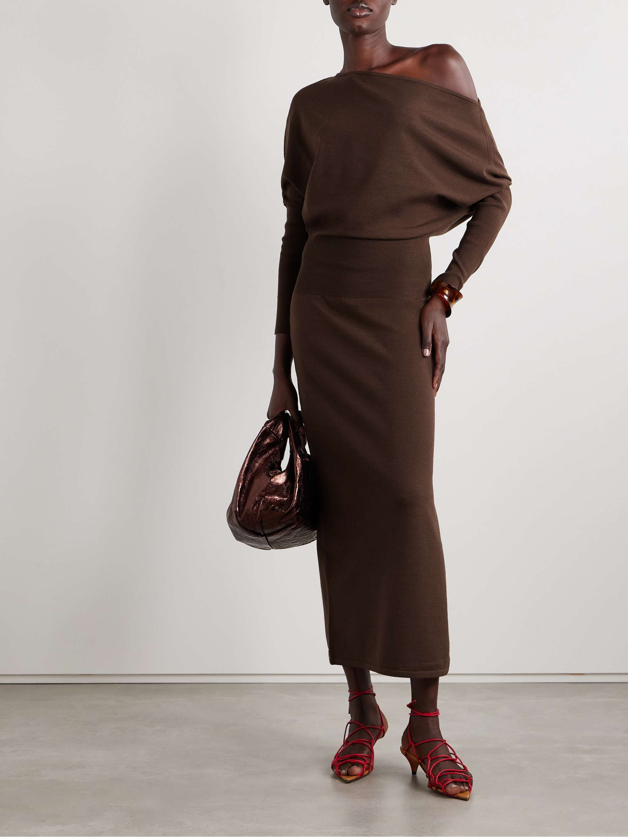 SIMKHAI Janese off-the-shoulder draped wool-blend midi dress | NET-A-PORTER