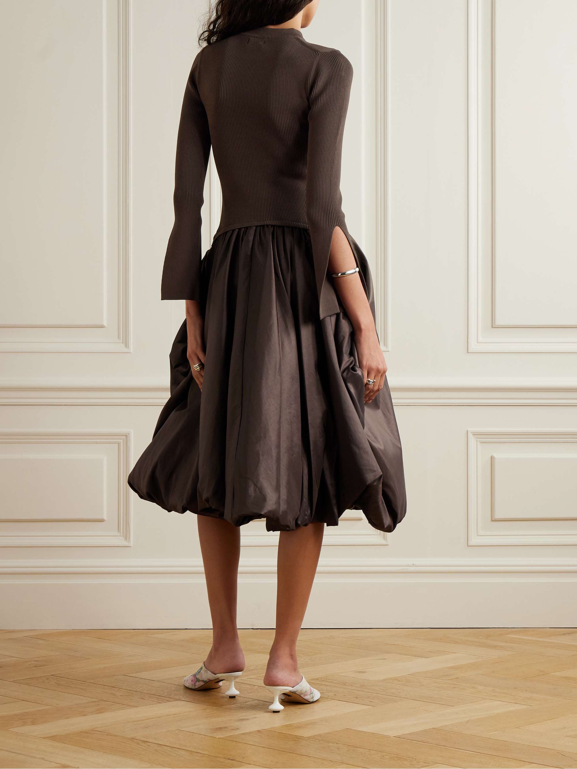 SIMKHAI Kenlie ribbed-knit and pleated taffeta midi dress | NET-A-PORTER