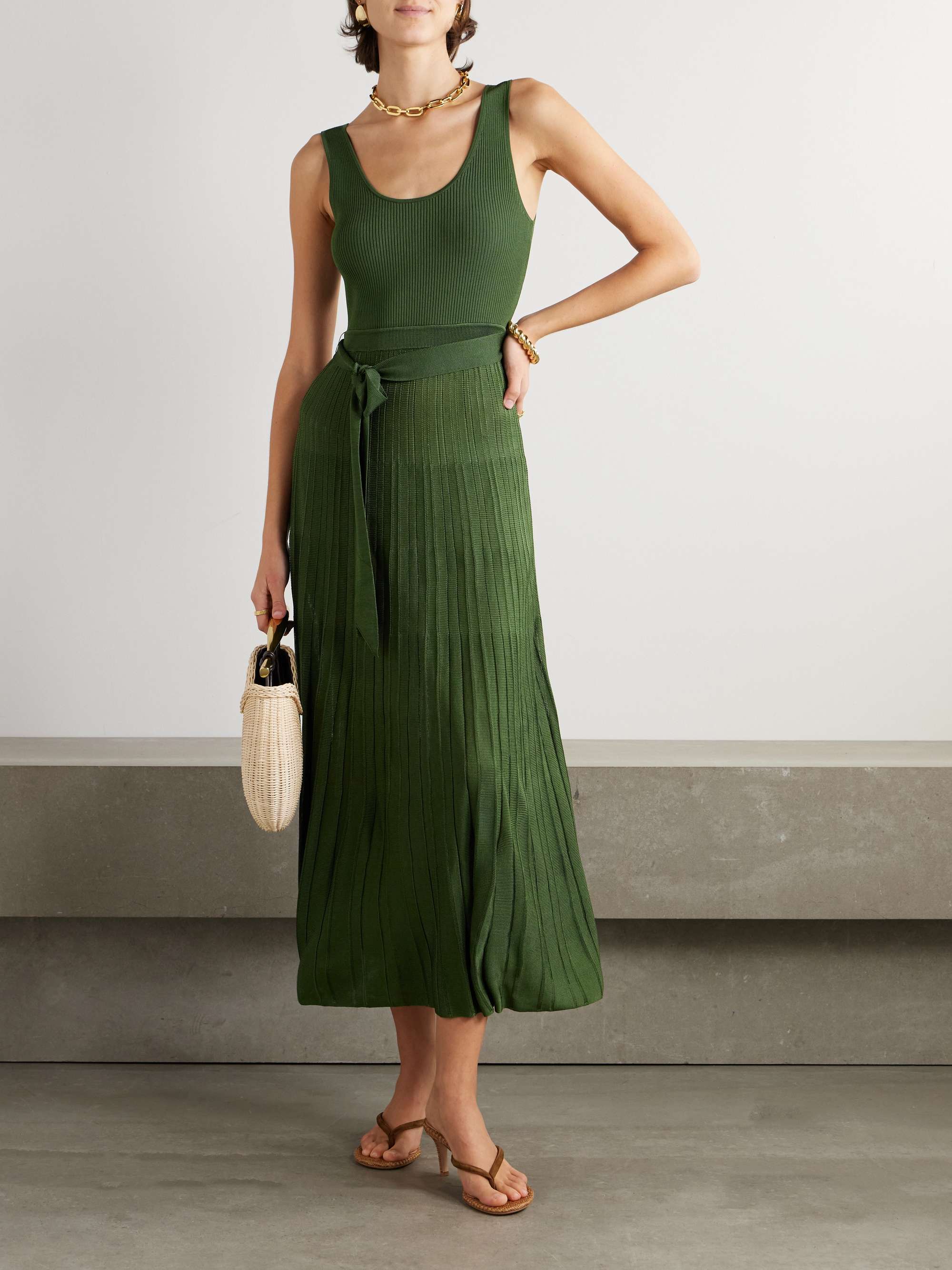 ZIMMERMANN Illustration belted pleated ribbed-knit midi dress | NET-A ...