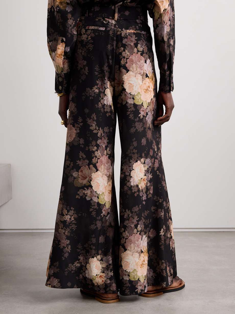 Black Illustration belted pleated floral-print silk crepe de chine wide ...