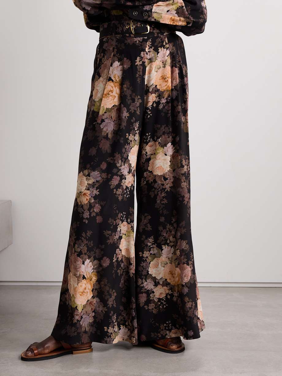 Black Illustration belted pleated floral-print silk crepe de chine wide ...