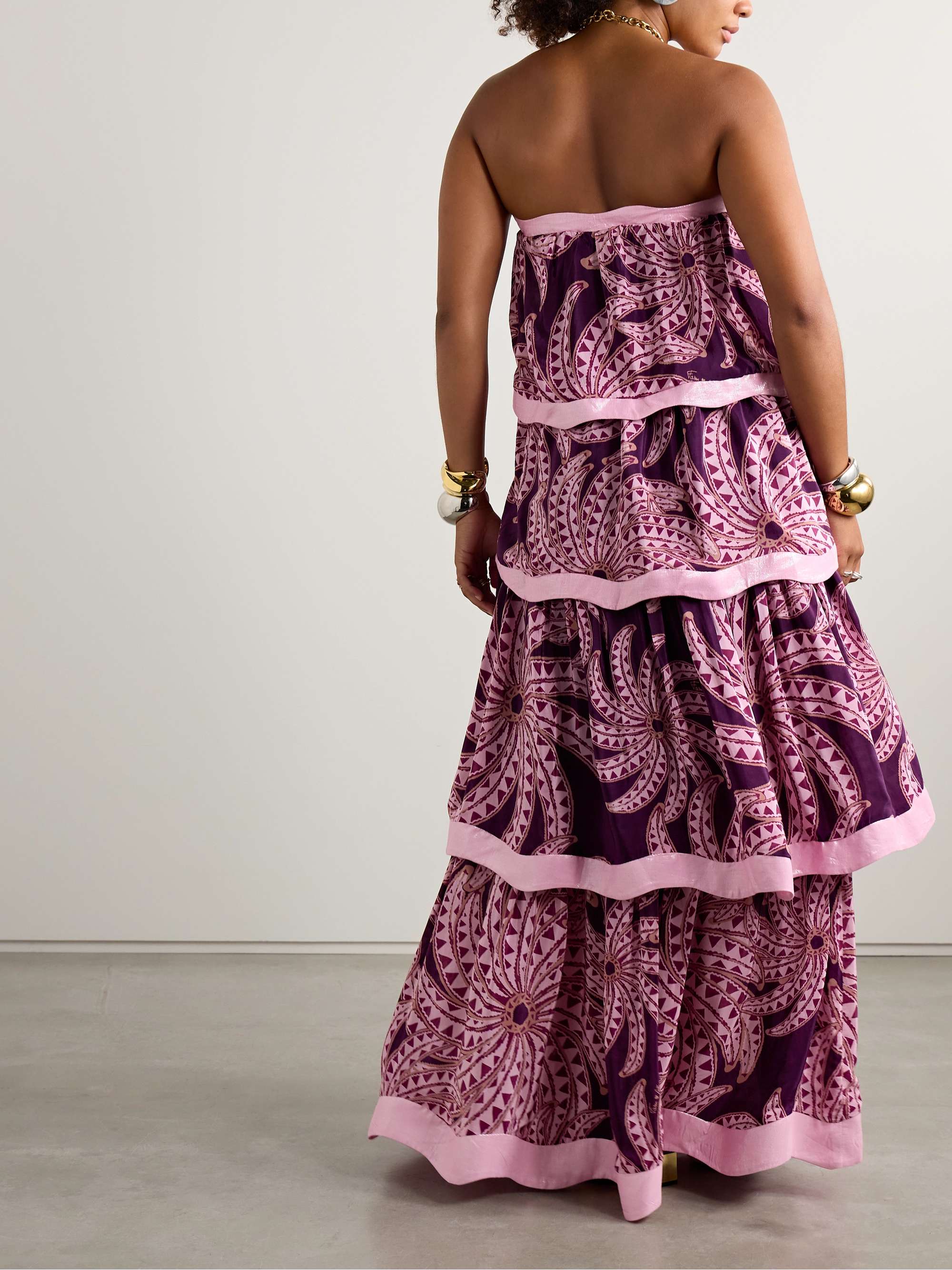 FARM RIO Strapless tiered metallic voile-trimmed printed crepe de chine ...