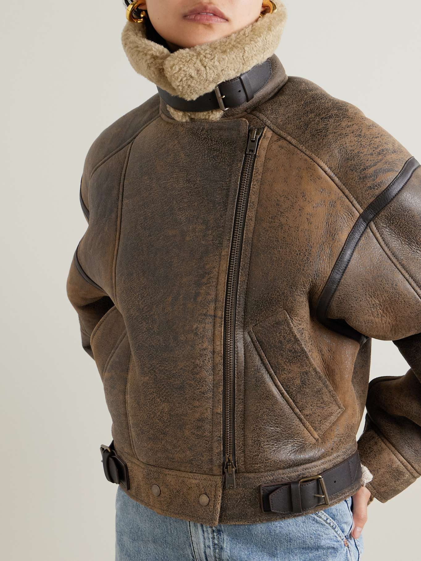 Brown Shearling-trimmed leather jacket | ACNE STUDIOS | NET-A-PORTER