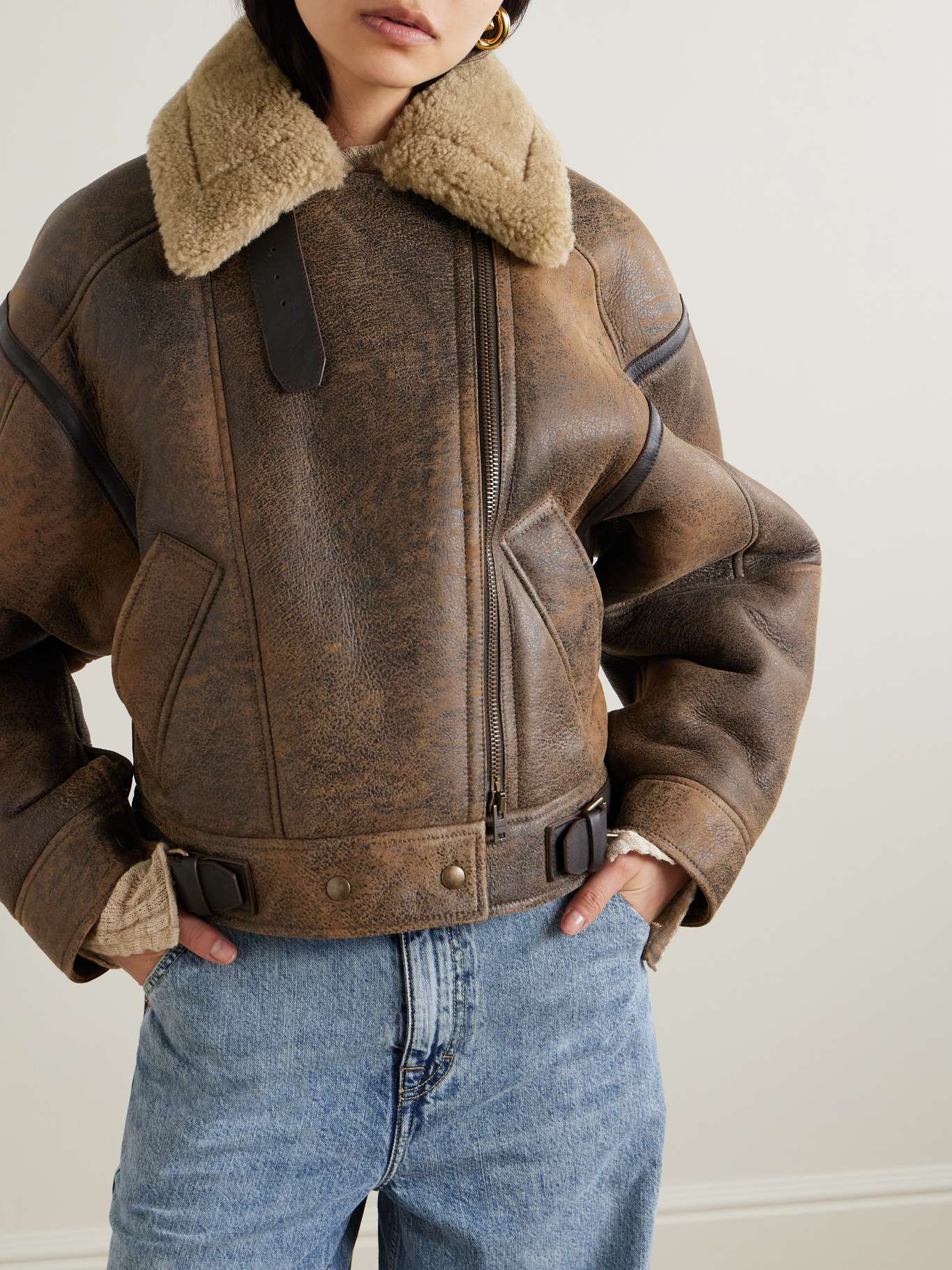Brown Shearling-trimmed leather jacket | ACNE STUDIOS | NET-A-PORTER