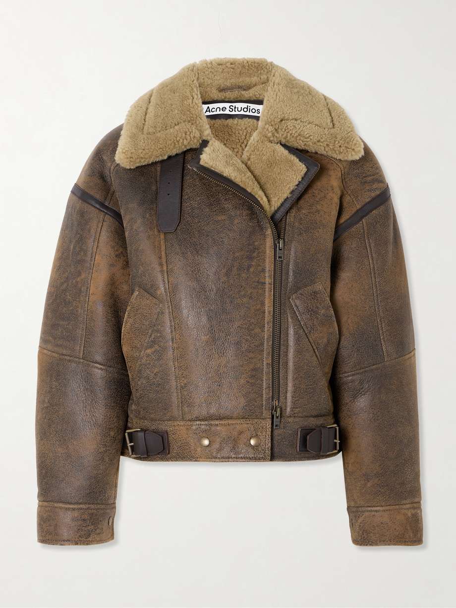 Brown Shearling-trimmed leather jacket | ACNE STUDIOS | NET-A-PORTER