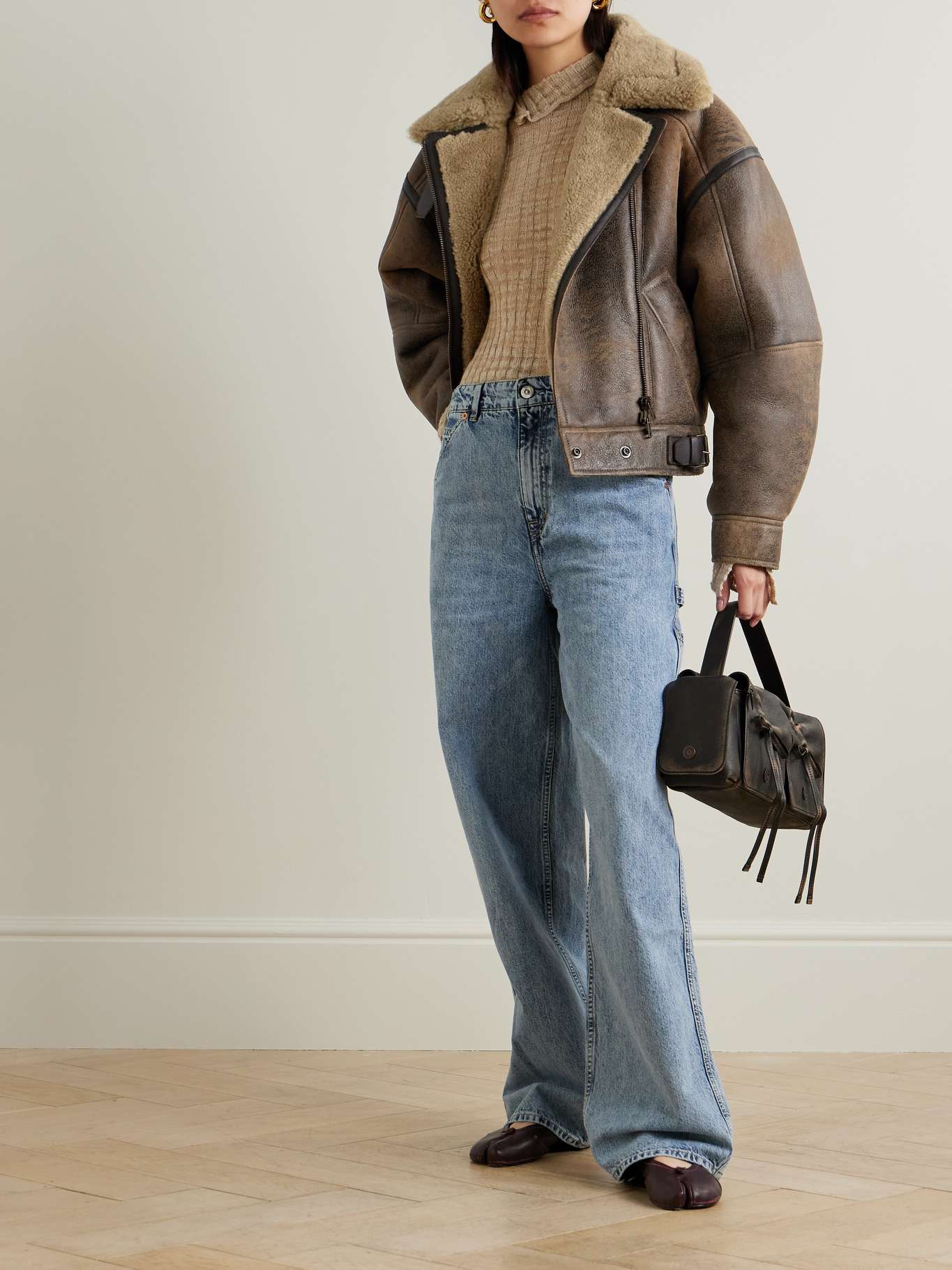 Brown Shearling-trimmed leather jacket | ACNE STUDIOS | NET-A-PORTER