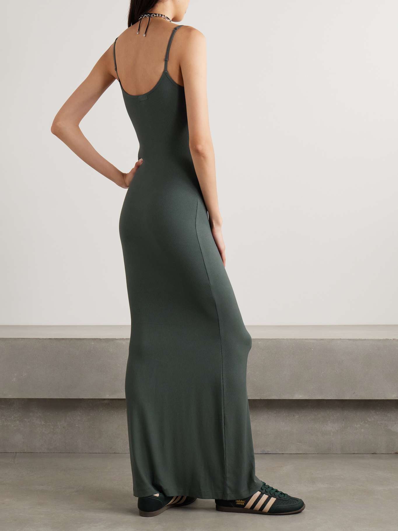 SKIMS Soft Lounge Ribbed Long stretch-modal slip dress - Deep Sea | NET ...