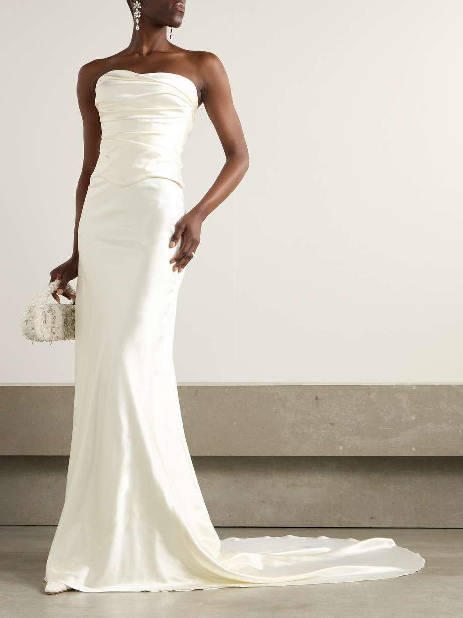 DANIELLE FRANKEL Demi strapless draped silk and wool-blend satin ...