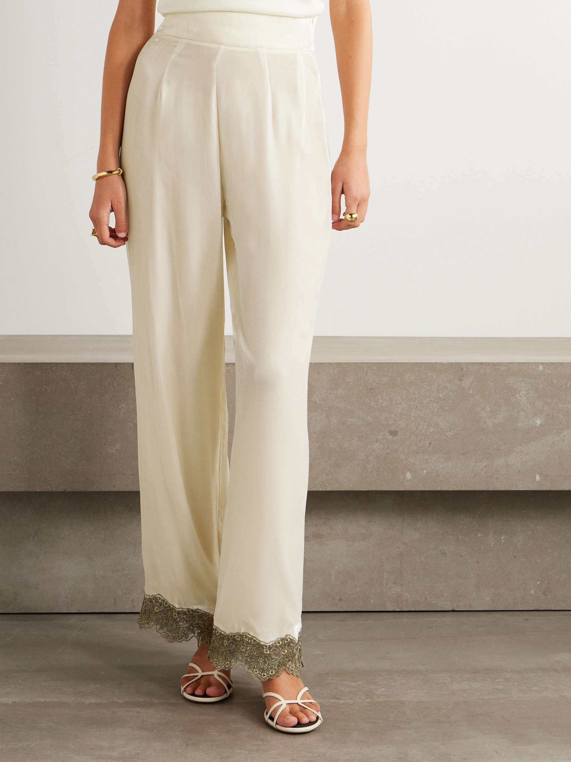 LORETTA CAPONI Ada embroidered tulle-trimmed velvet straight-leg pants ...