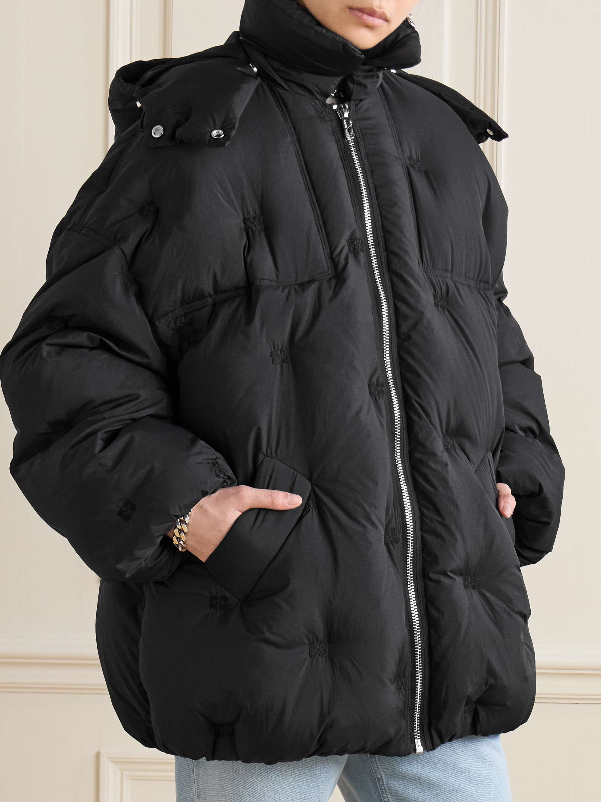 GANNI Logo-embroidered quilted recycled-shell hooded jacket | NET-A-PORTER