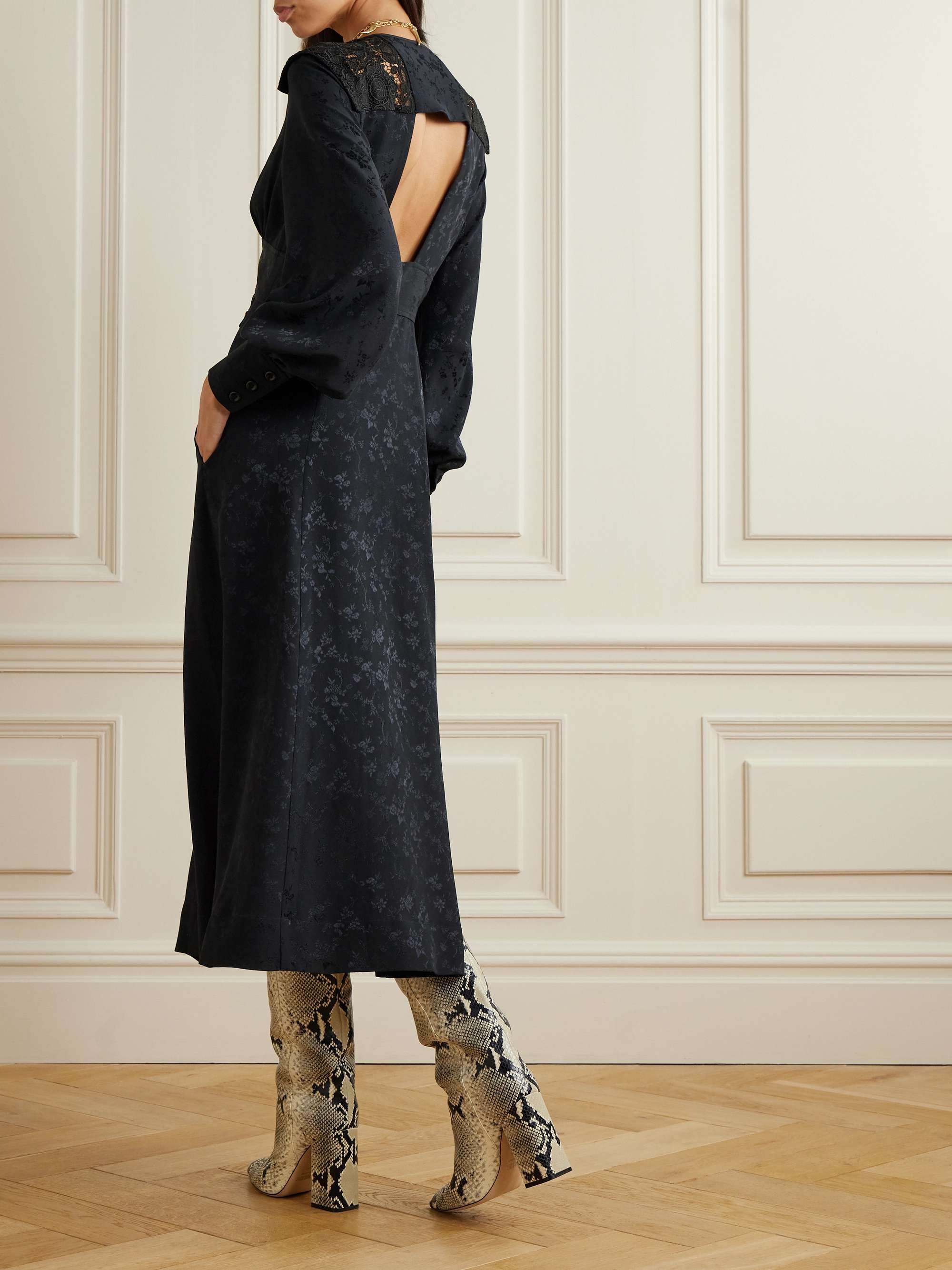 MAISON MAYLE Nerina gathered guipure lace-trimmed silk-jacquard midi ...