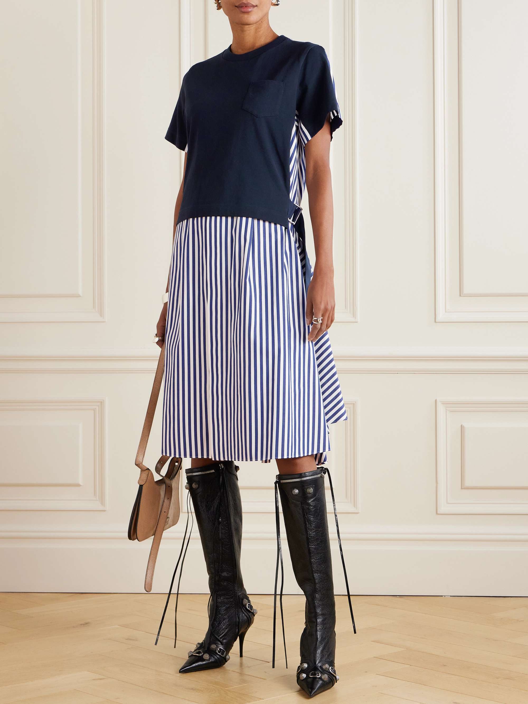 SACAI Belted striped cotton-poplin and jersey midi dress | NET-A-PORTER