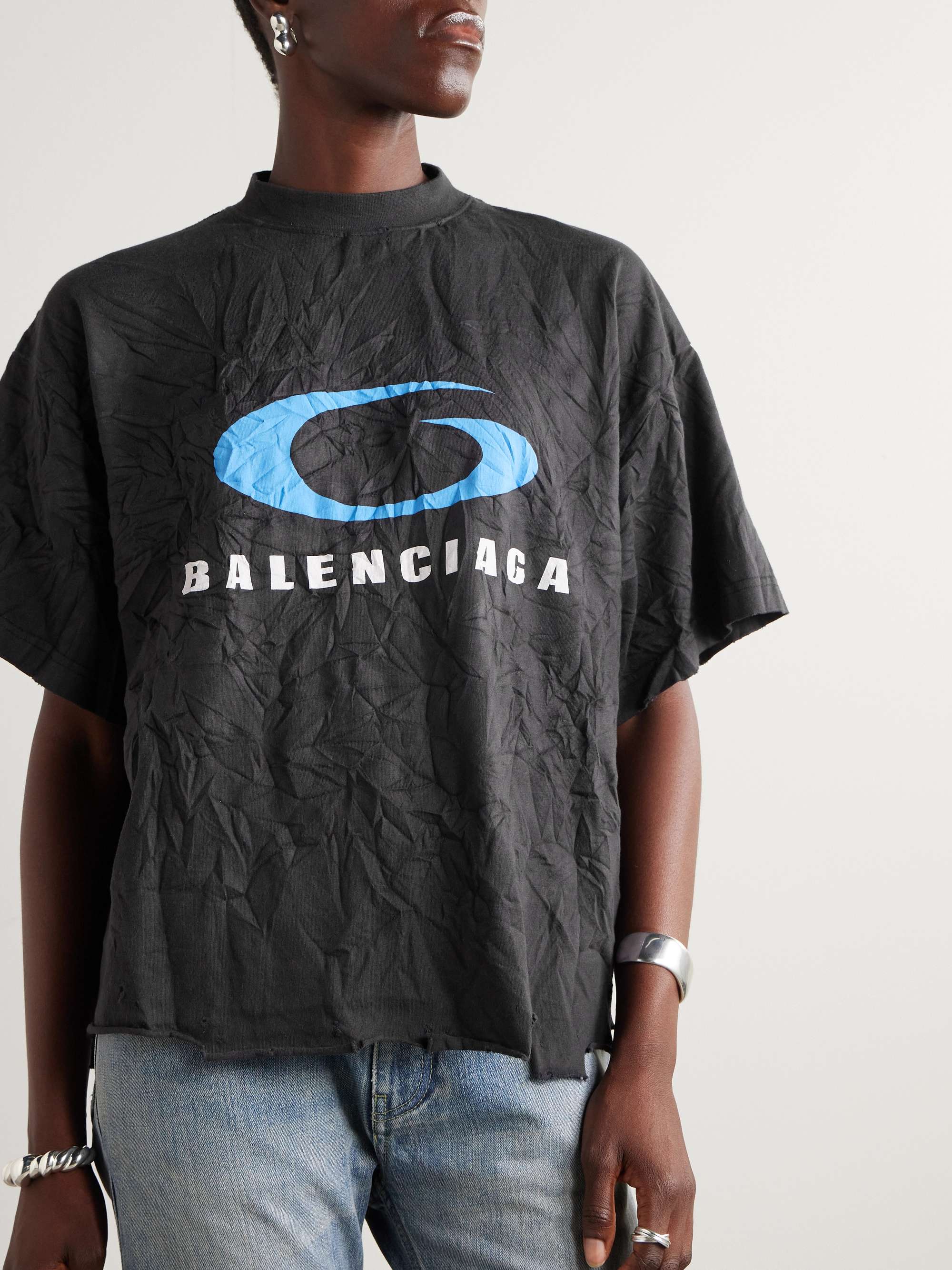 BALENCIAGA Cropped distressed printed cotton-jersey T-shirt | NET-A-PORTER