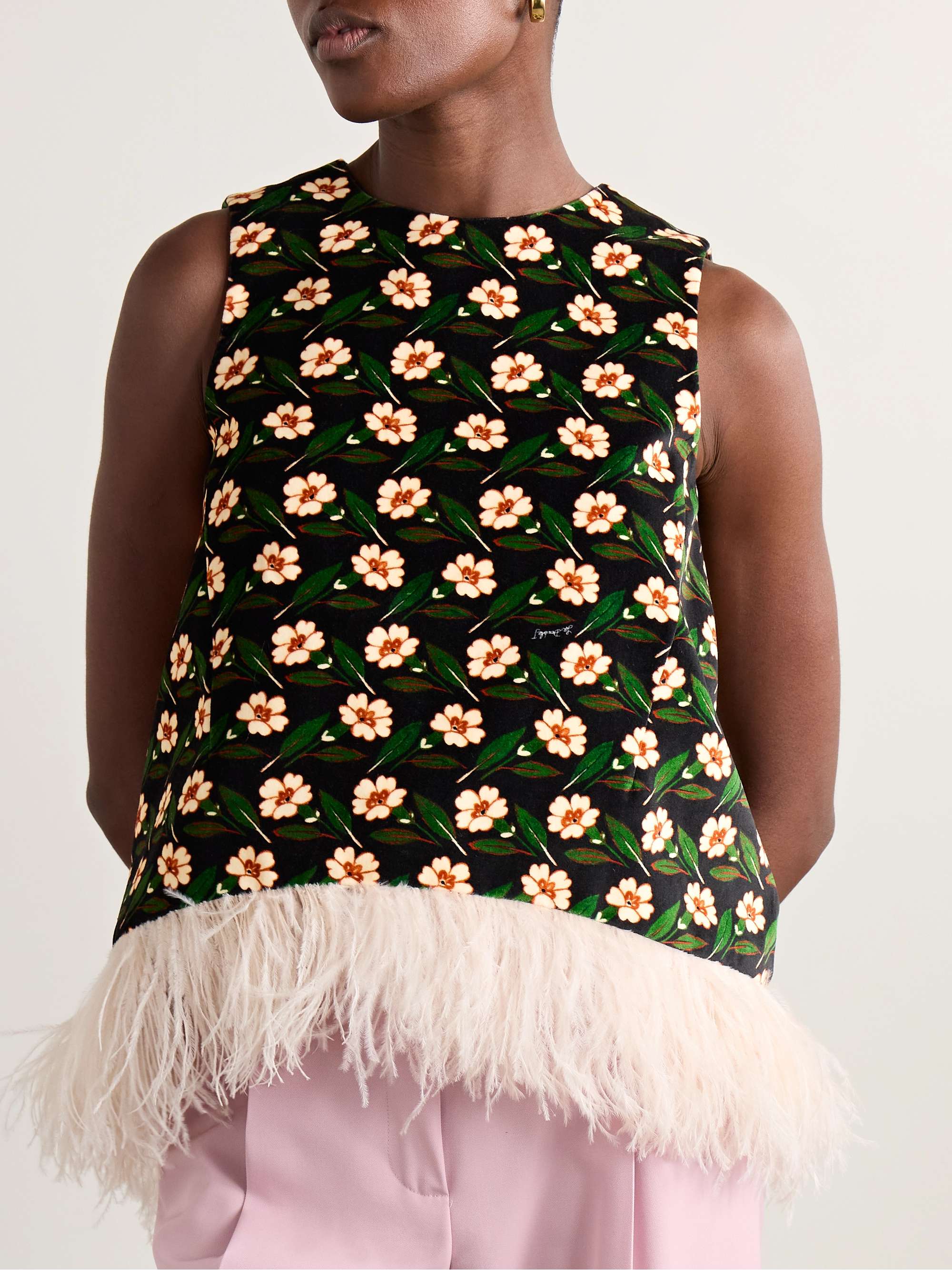 LA DOUBLEJ La Scala asymmetric feather-trimmed floral-print cotton ...