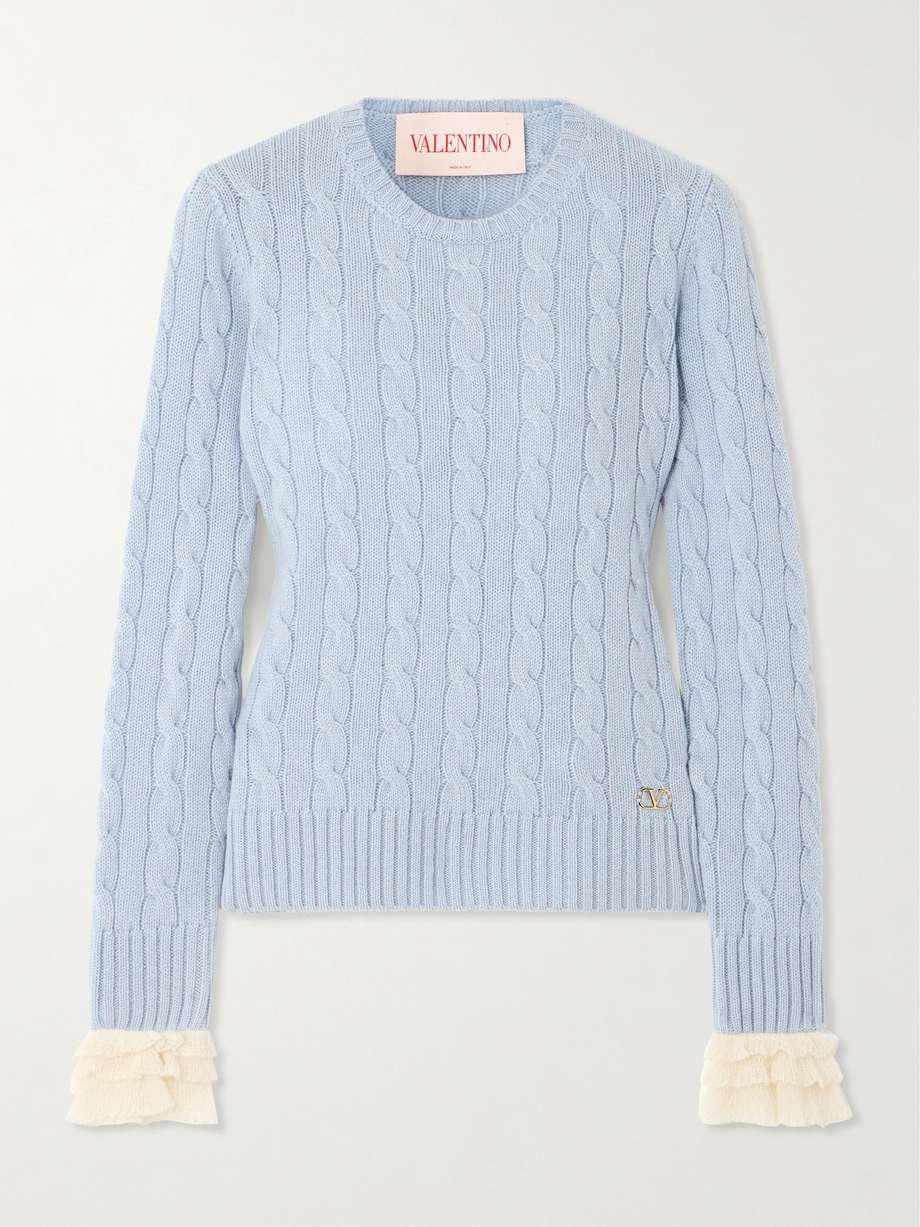 VALENTINO GARAVANI Ruffle-trimmed embellished cable-knit cashmere sweater | NET-A-PORTER