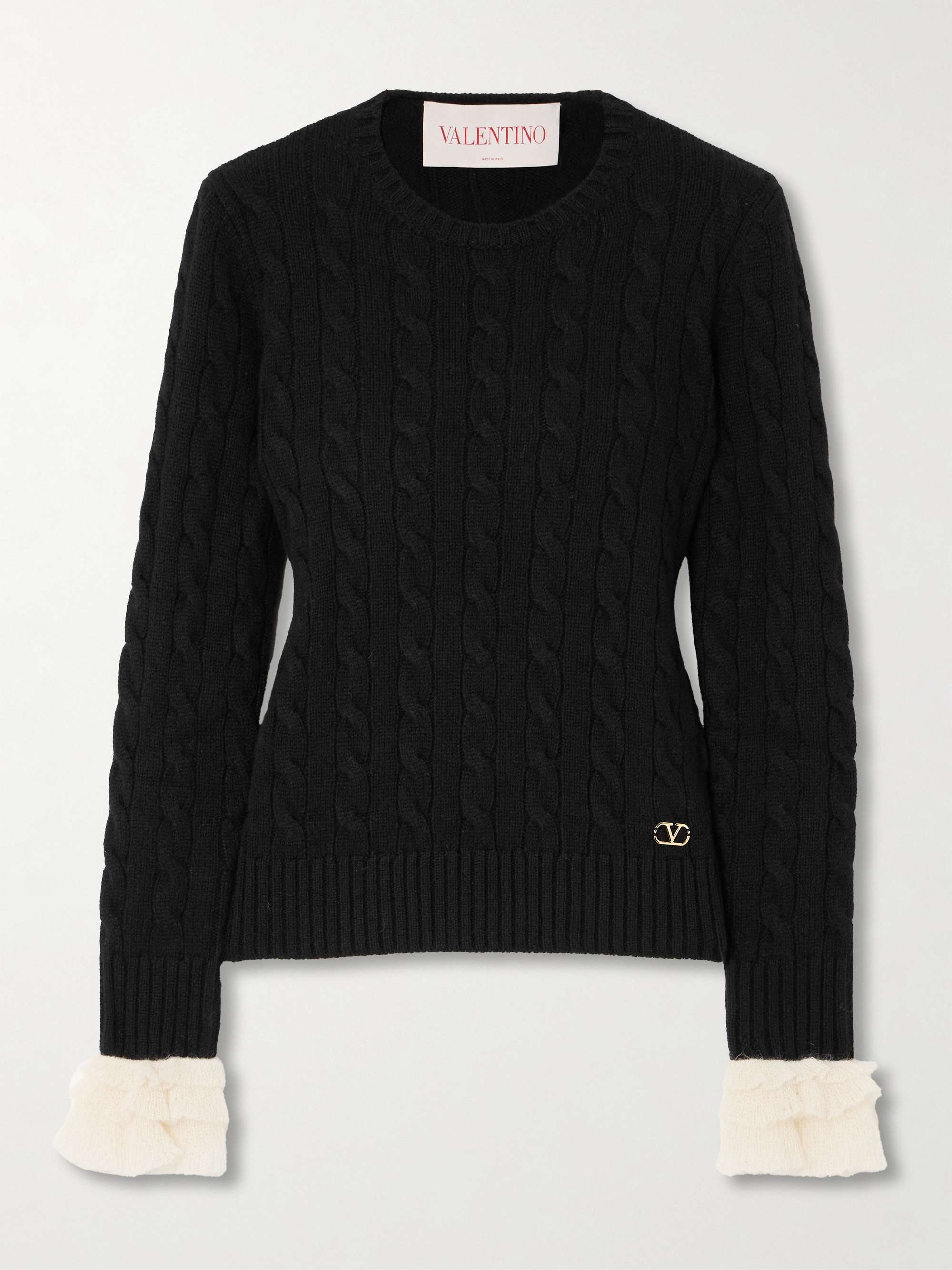 VALENTINO GARAVANI Ruffle-trimmed embellished cable-knit cashmere ...