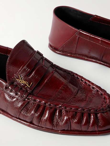 SAINT LAURENT Le Loafer embellished collapsible-heel glossed-eel loafers | NET-A-PORTER