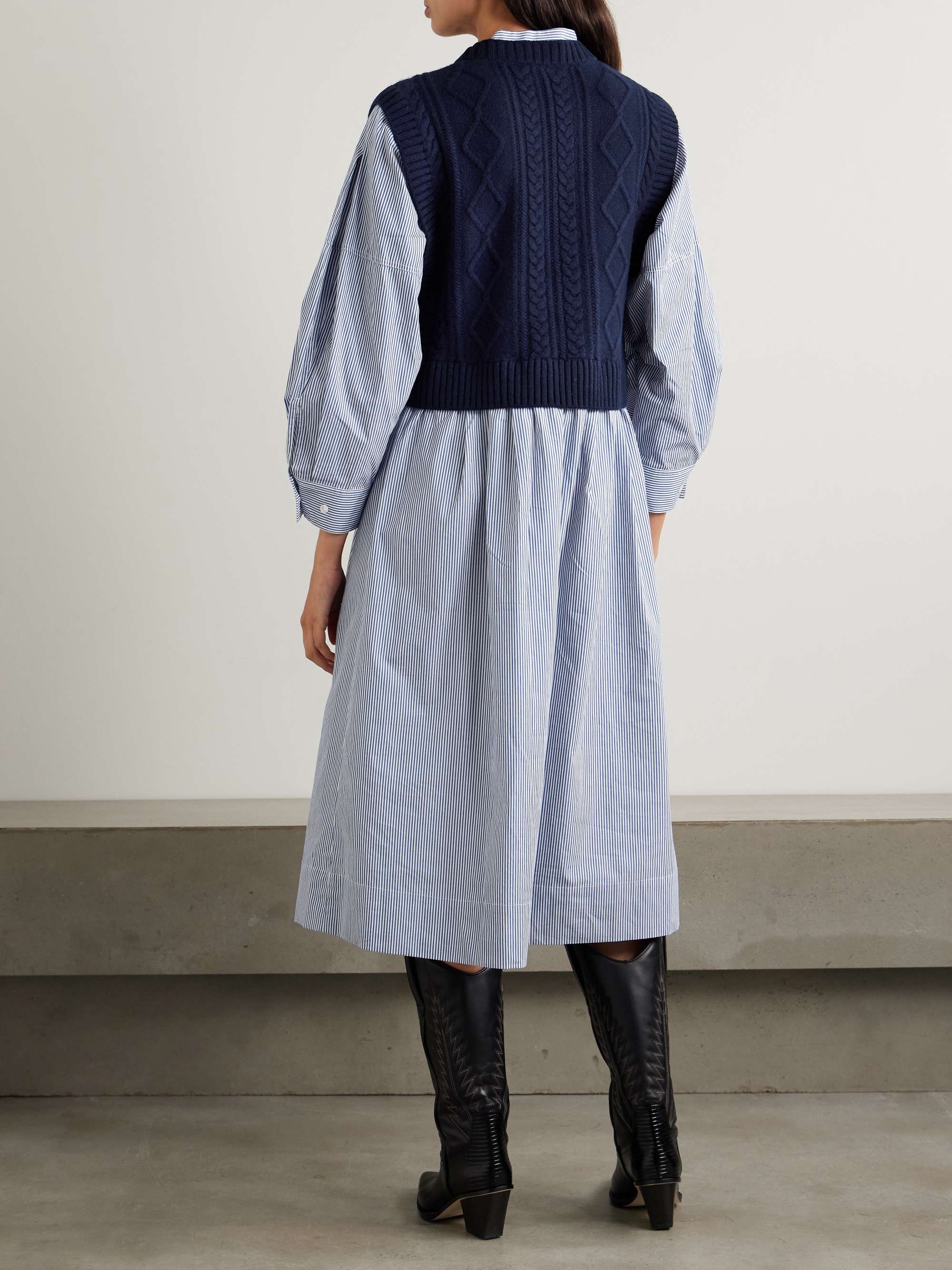 SEA Caleb cable-knit merino wool and striped cotton-poplin midi dress ...
