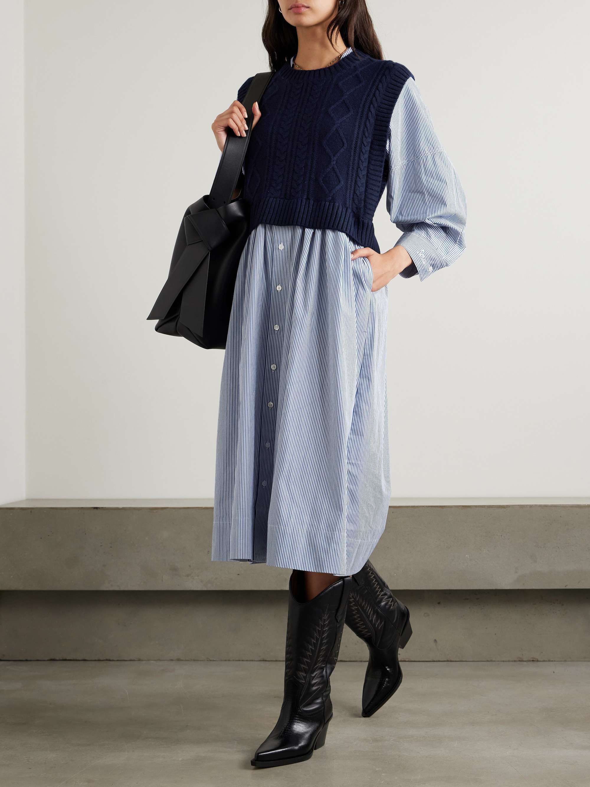SEA Caleb cable-knit merino wool and striped cotton-poplin midi dress ...