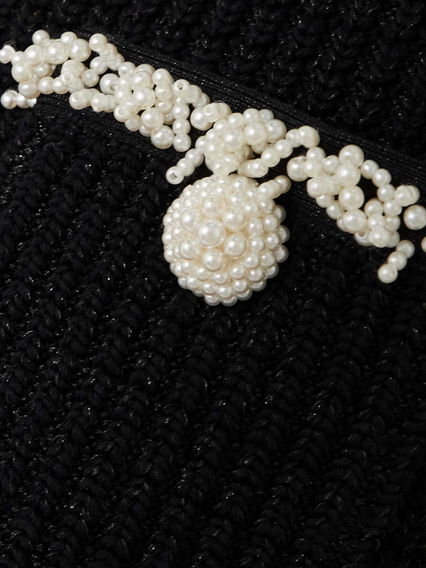 SELF-PORTRAIT Faux pearl-embellished crepe-trimmed metallic ribbed-knit ...