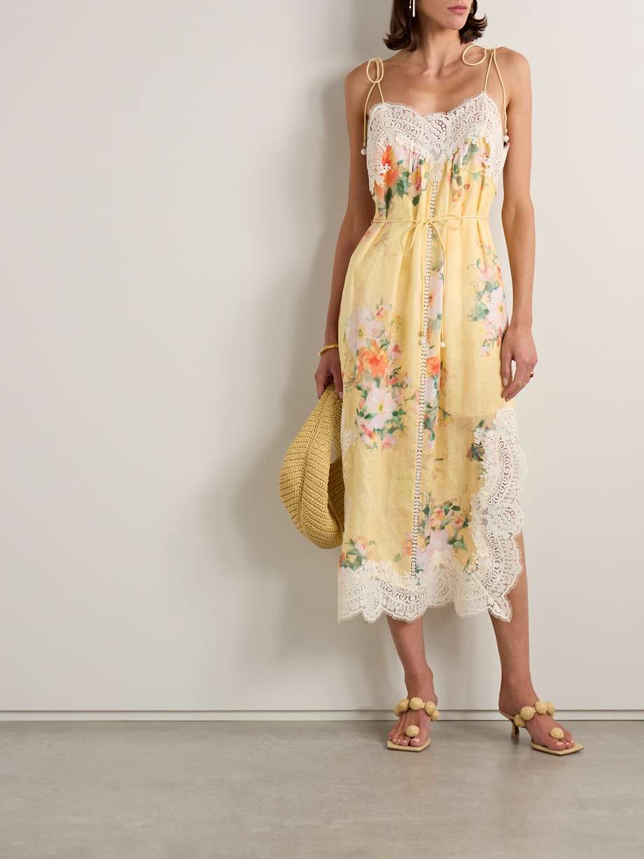 ZIMMERMANN Everley belted lace-trimmed floral-print linen midi dress ...