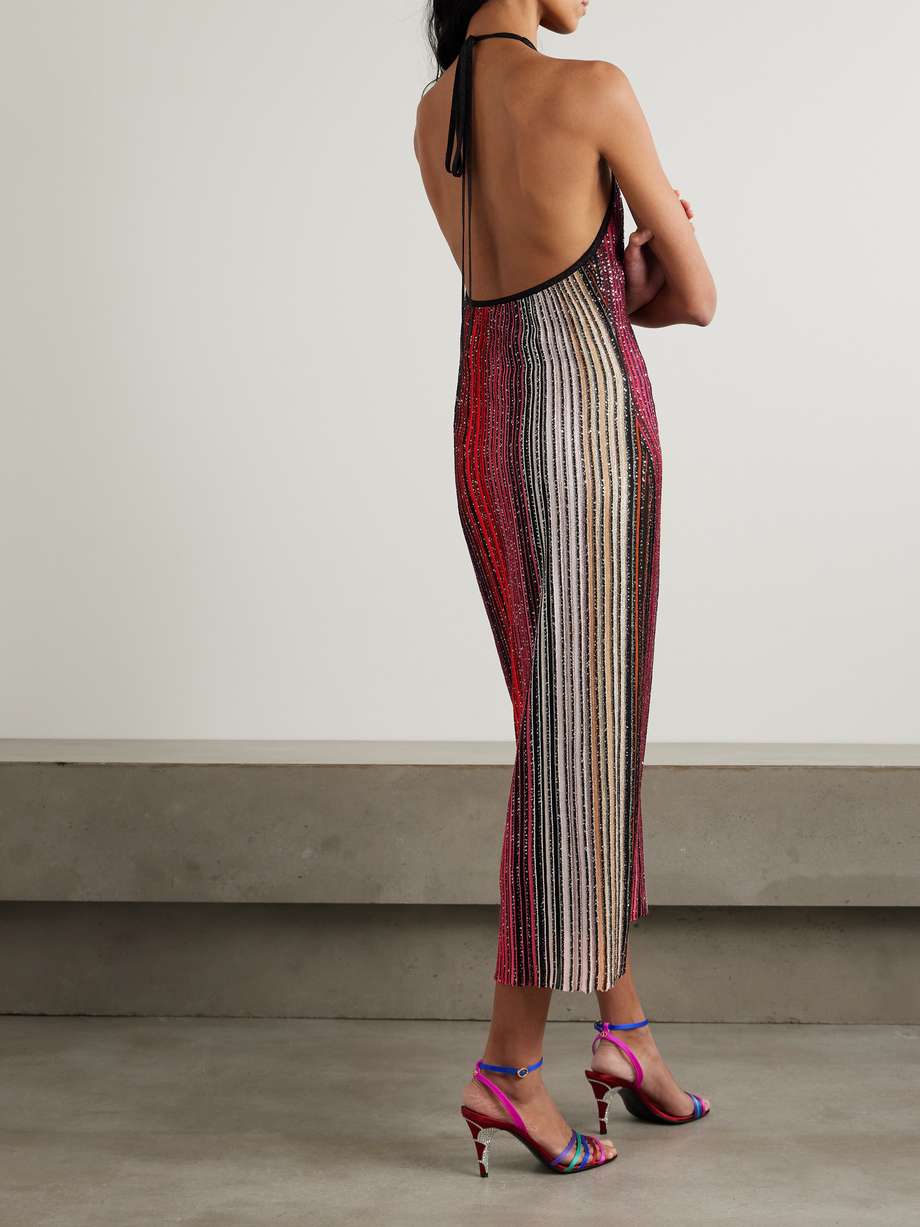 MISSONI Sequined striped metallic crochet-knit halterneck midi dress | NET-A-PORTER